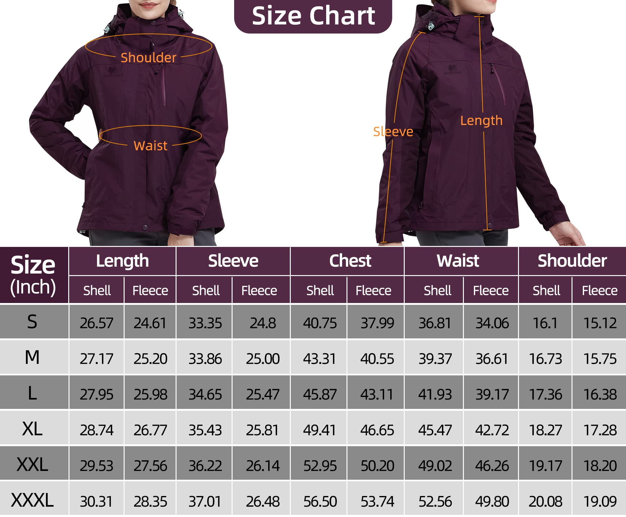 GOLDEN CAMEL Women's Ski Jacket 3 in 1 Waterproof Windproof Winter Jacket with Full zip Lined Fleece Jacket Hooded Raincoat Snowboard Mountain Snow Coat, Dark Purple, L