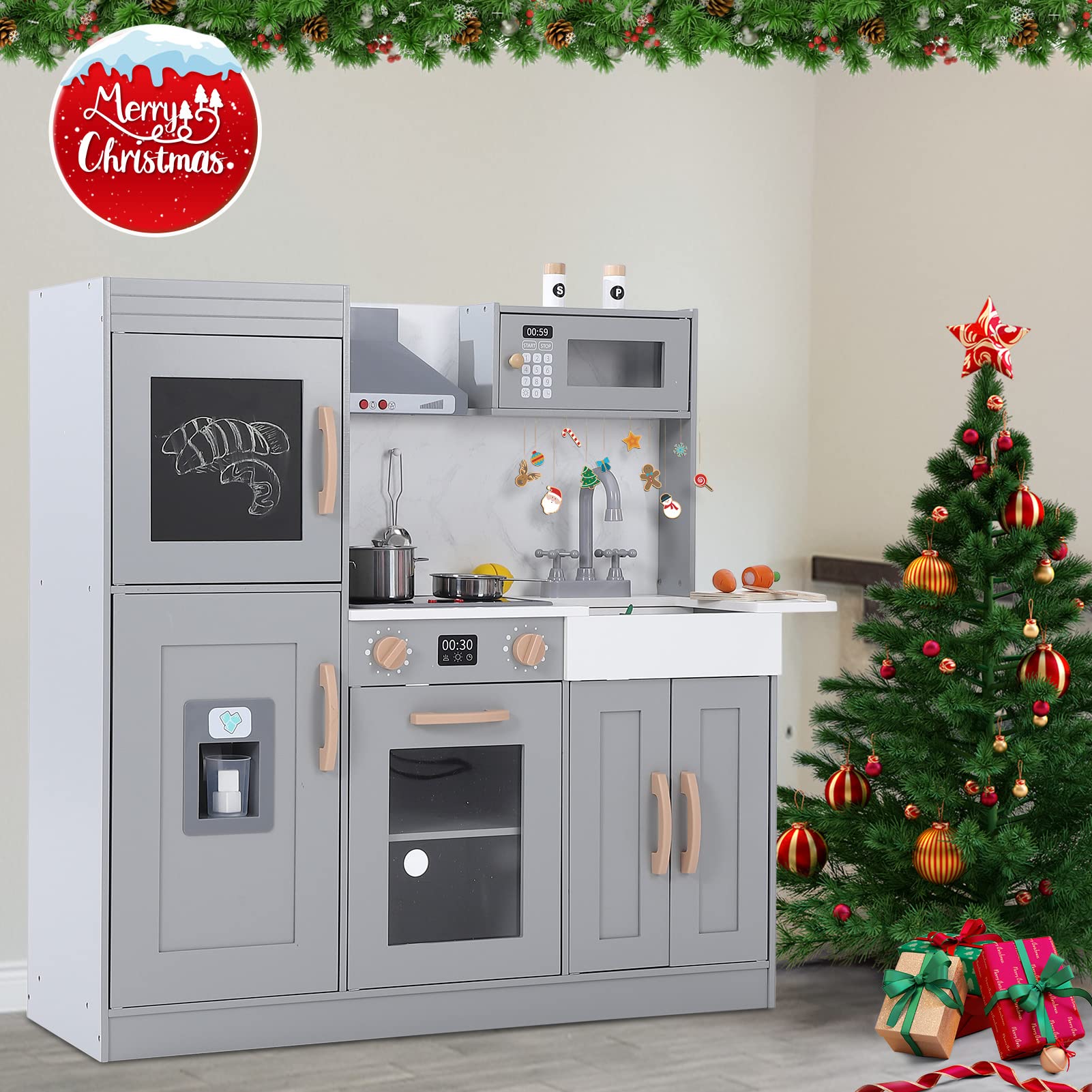 Kids Kitchen Playset, Wooden Chef Pretend Play Set with 20 PCS Cookware Accessories, Wooden Cookware Pretend with Ice Maker, Microwave, Oven, Range Hood, Sink, Real Lights & Sounds,Gray