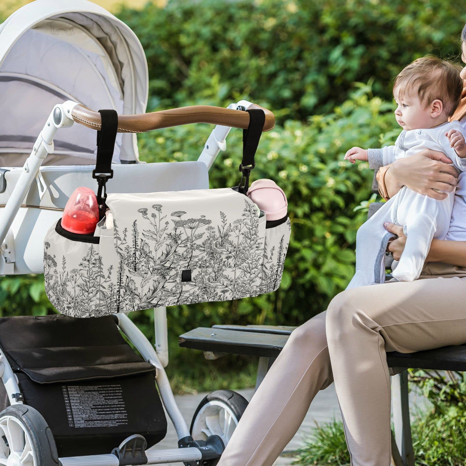 Kigai Herbs Wildflowers Baby Stroller Organizer with Cup Holders, Secure Hooks Accessories Adjustable Strap Stroller Bag for Bottle, Diaper, Phone, Toys, Baby Items