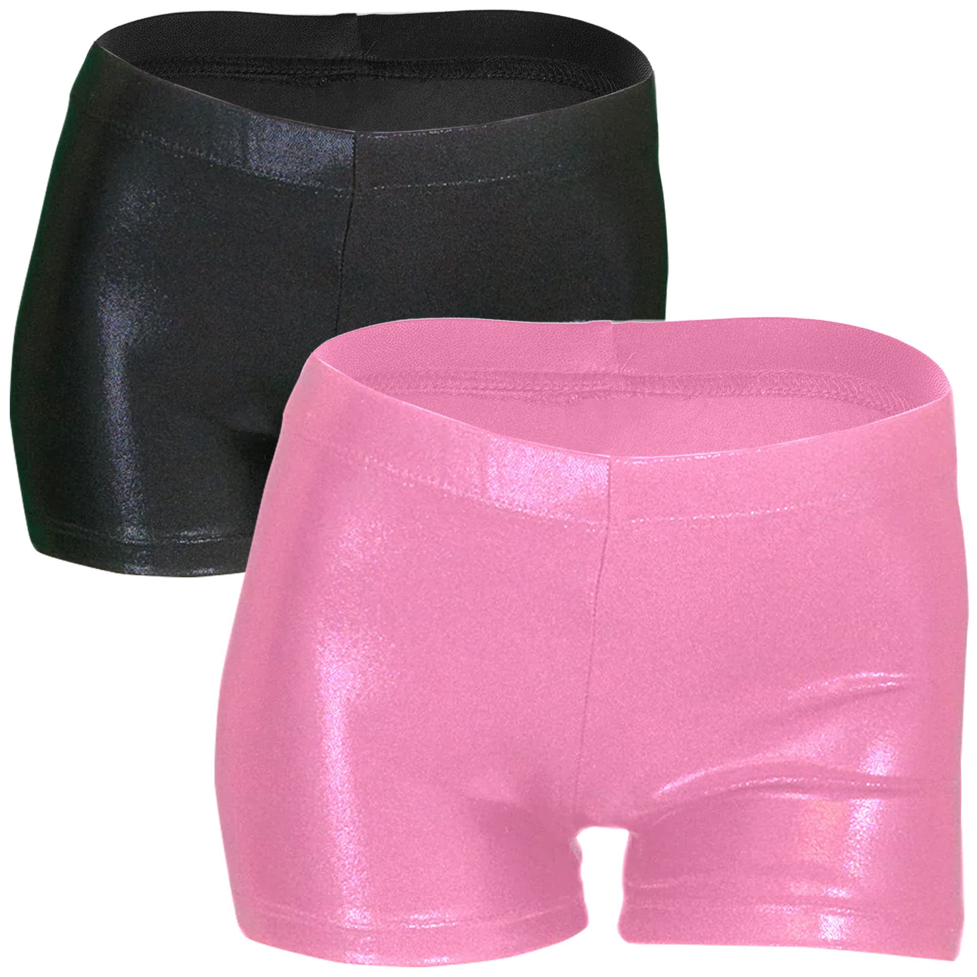 LUOUSE 2 Packs Toddler Girls Slim Solid Gymnastics Shorts, Little Kids Buttery Soft Sparkle Tumbling Dance Athletic Short 6-7T, Black Pink