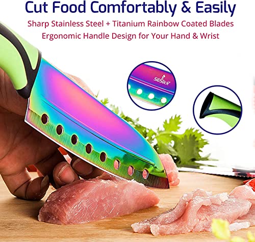 Kitchen Knife Set Kit, 5 Dishwasher Safe Colorful Knives, Knife Sharpener & Magnetic Wall Bar, Titanium Non Stick Plating Stainless Steel
