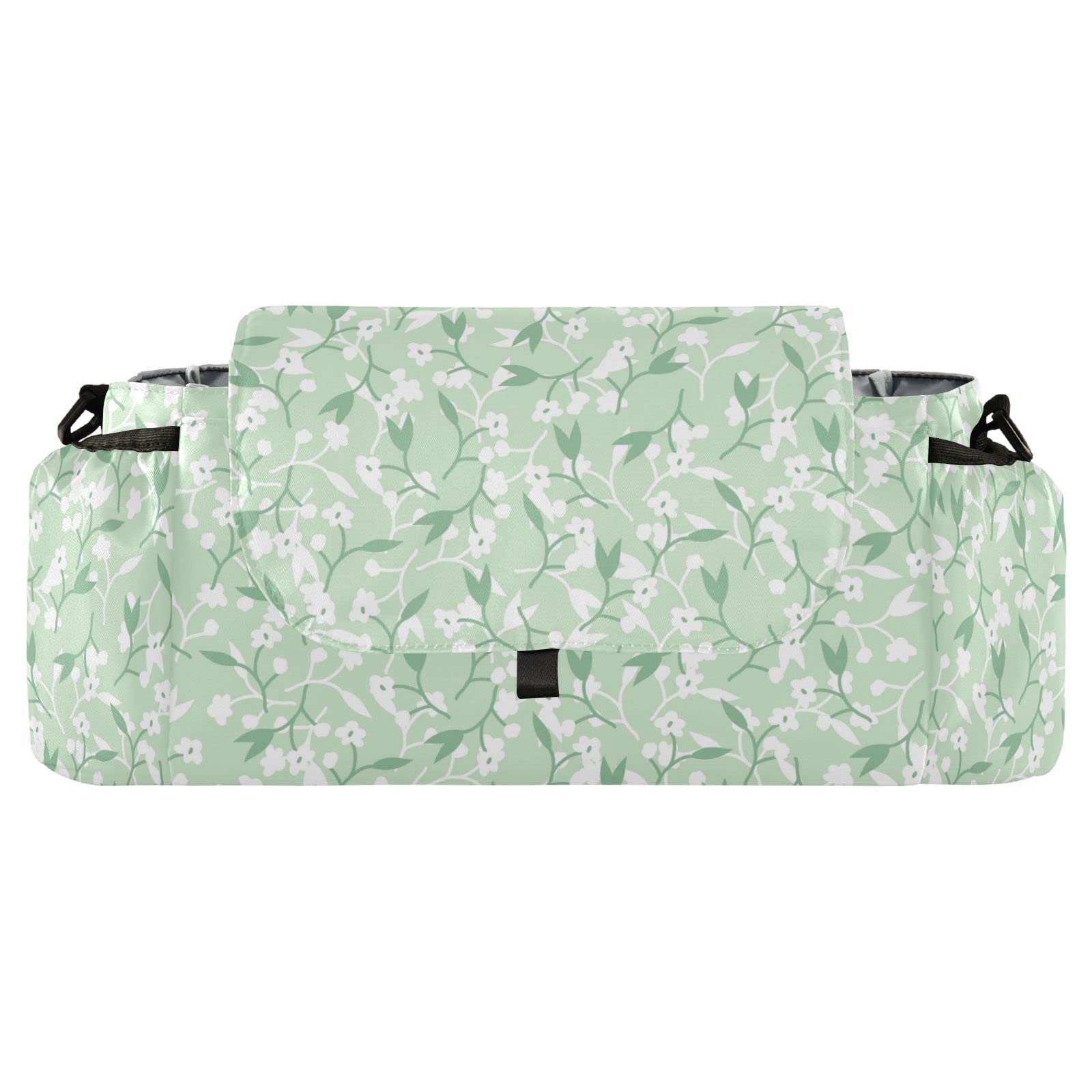 Kigai Small White Flowers Baby Stroller Organizer with Cup Holders, Secure Hooks Accessories Adjustable Strap Stroller Bag for Bottle, Diaper, Phone, Toys, Baby Items