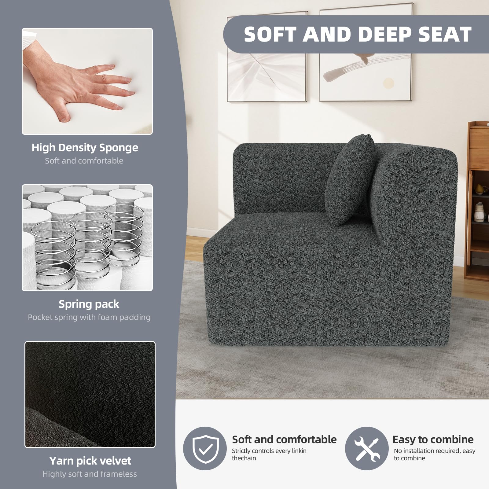 Purgreen Modern Living Room Modular Sofa Set, Separate Design can be Freely Combined, Removable and Easy to Clean, with Ottoman can be Converted to U/L Shaped Sofa Recliner (Black,Corner Sofa)