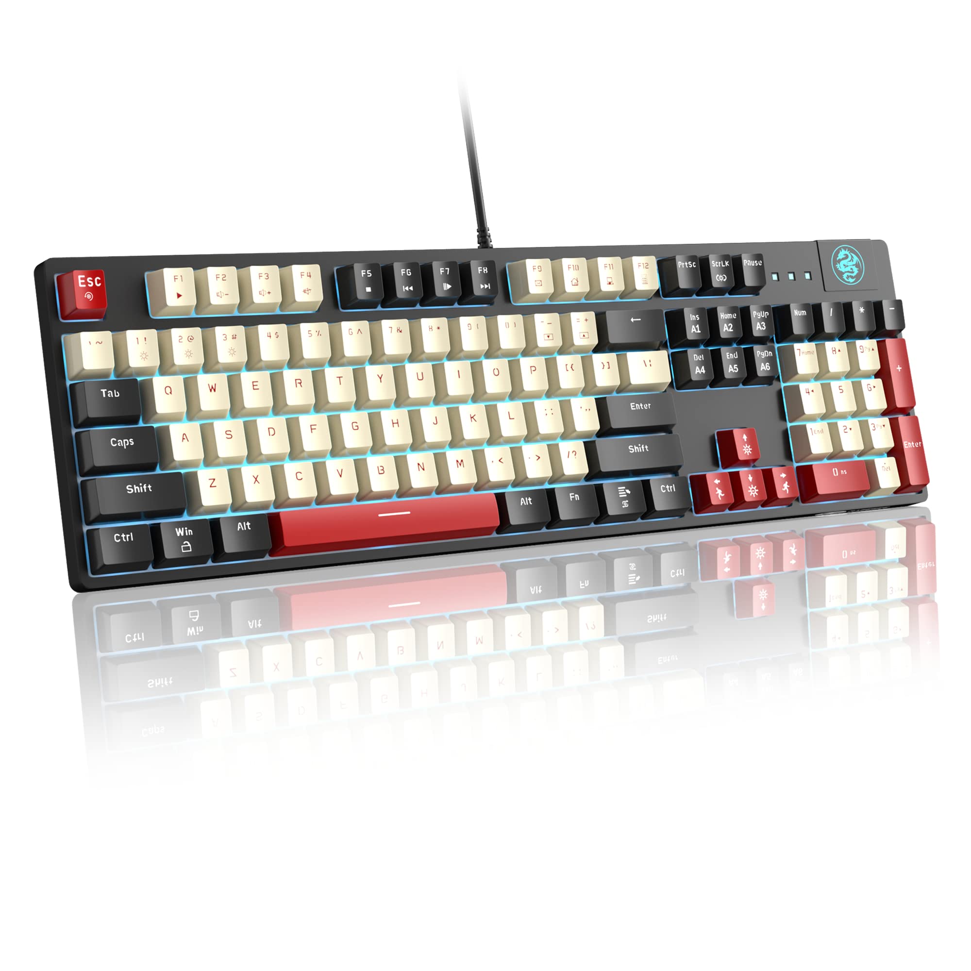 MageGee Mechanical Gaming Keyboard MK-Armor LED Blue Backlit and Wired USB 104 Keys Keyboard with Red Switches, for Windows PC Laptop Game(Black&White)…