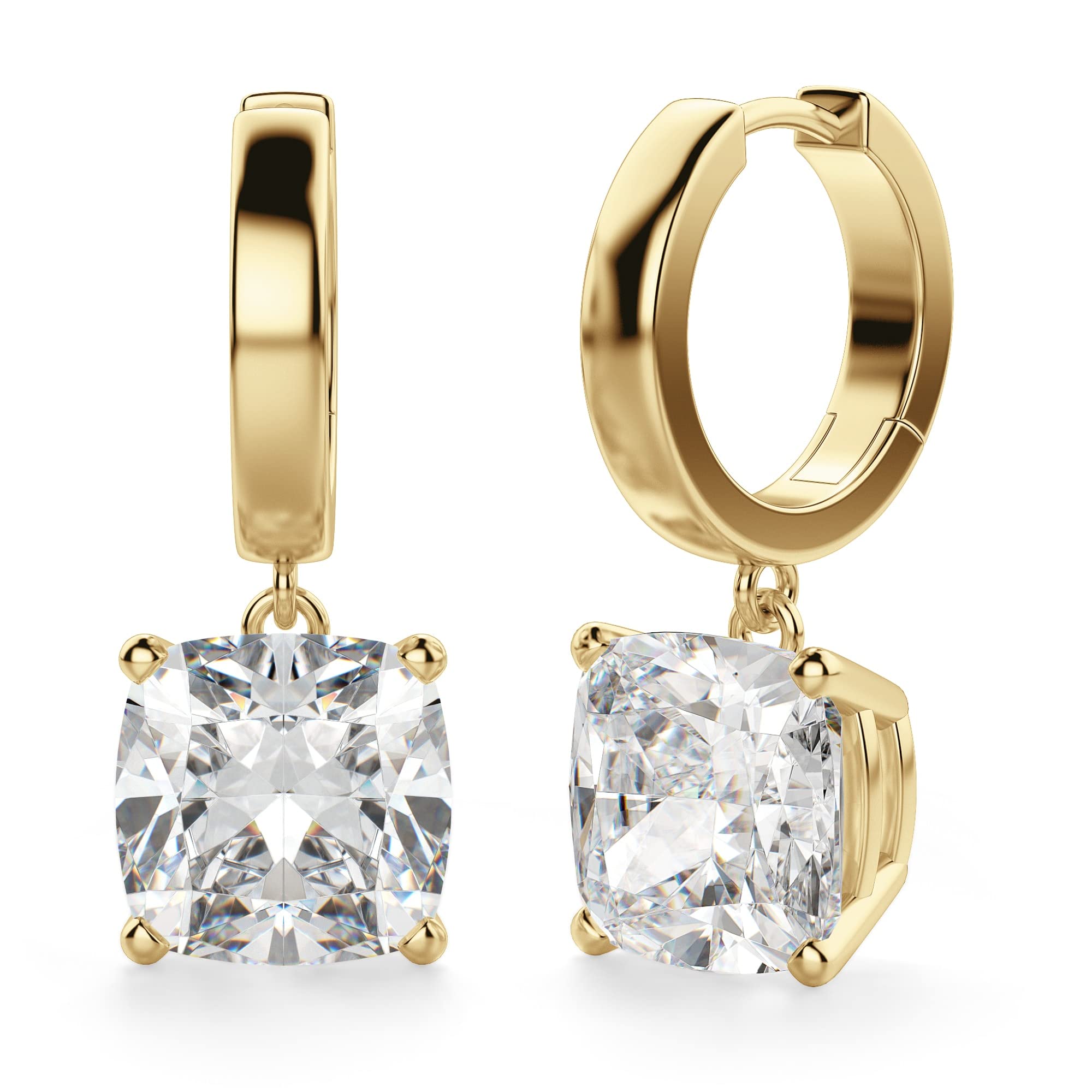 Moissanite Cushion Cut Solitaire Drop Earring by Diamond Nexus - 2 Ct. Tw. DEW Pair, F-G Cut, VVS 1 Clarity, 14K Yellow Gold
