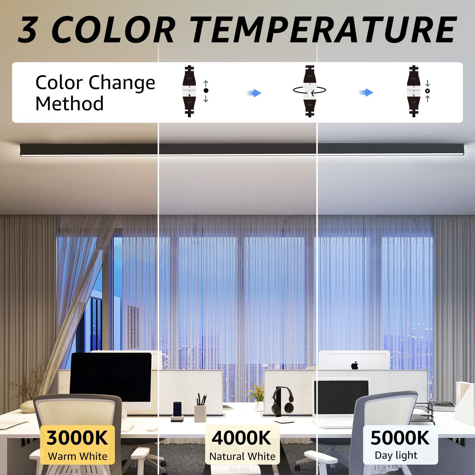 SCON 4FT 30W LED Black Deep Anti-Glare Linkable Ceiling Mount Light,1600LM UGR<10 0-10V Dimmable Linear Surface Mount Light,3000K-4000K-5000K Switchable Office Light,Flush Mount for Kitchen/Workshop