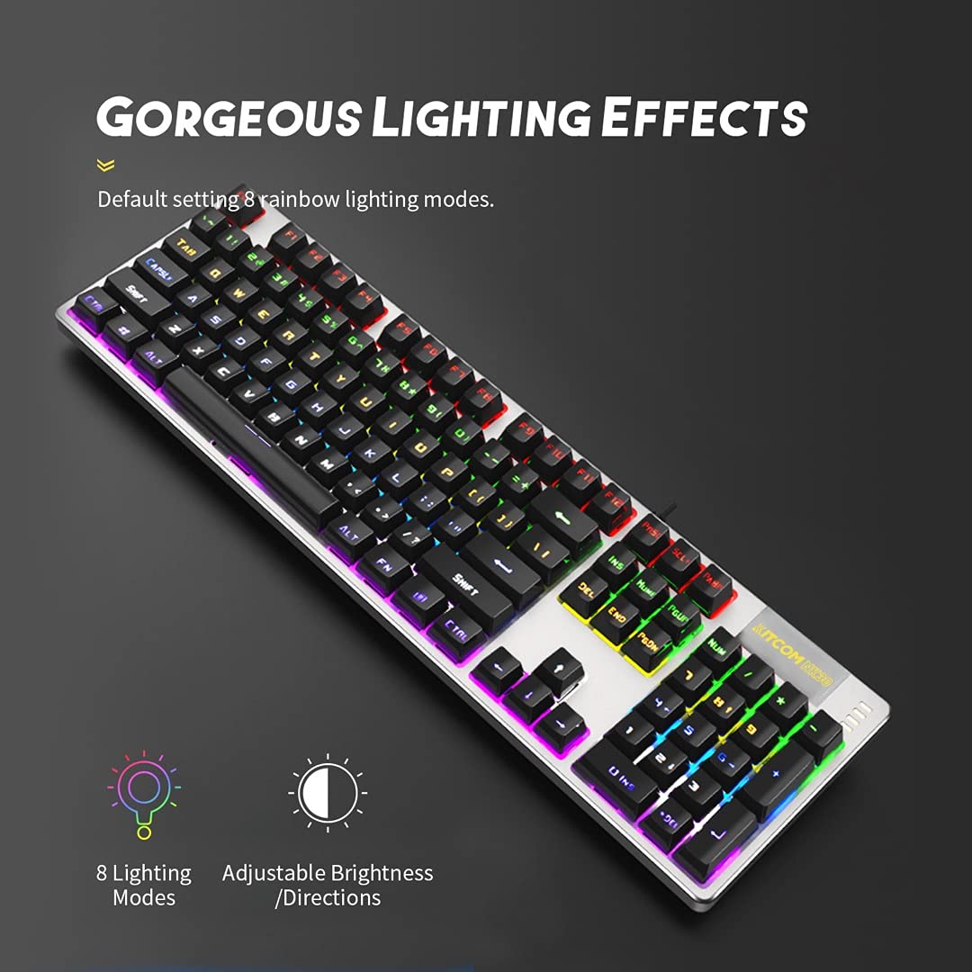 Kitcom NK30 Full Size Mechanical Gaming Keyboard with LED Rainbow Backlit, Anti Ghosting USB Wired Keyboard with Brown Switch Double-Shot Key caps, Ergonomic design, for Windows PC Gamers, 104 Key