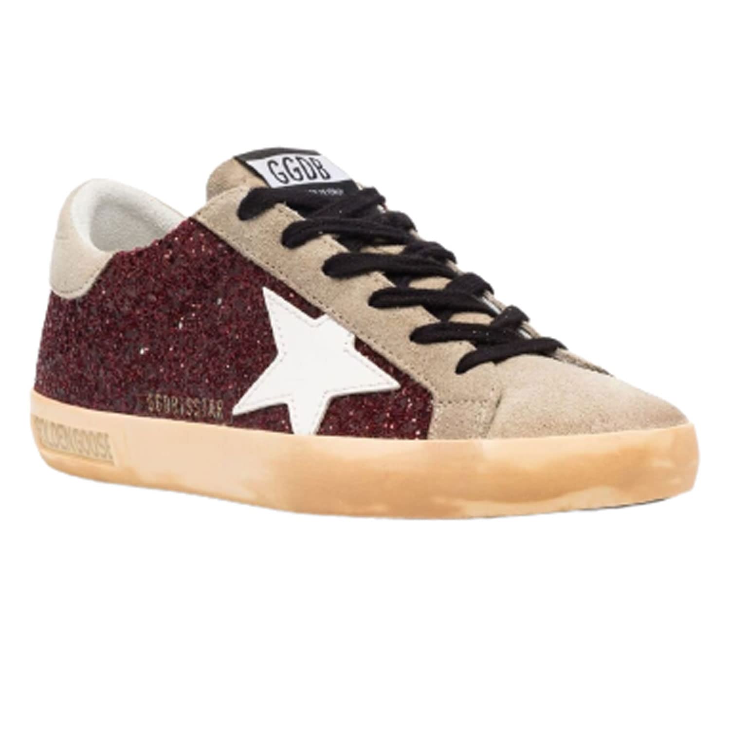 Golden Goose Super-Star Glitter Upper Suede Toe and Heel Leather Star Womens Distressed Sneakers-40 Maroon