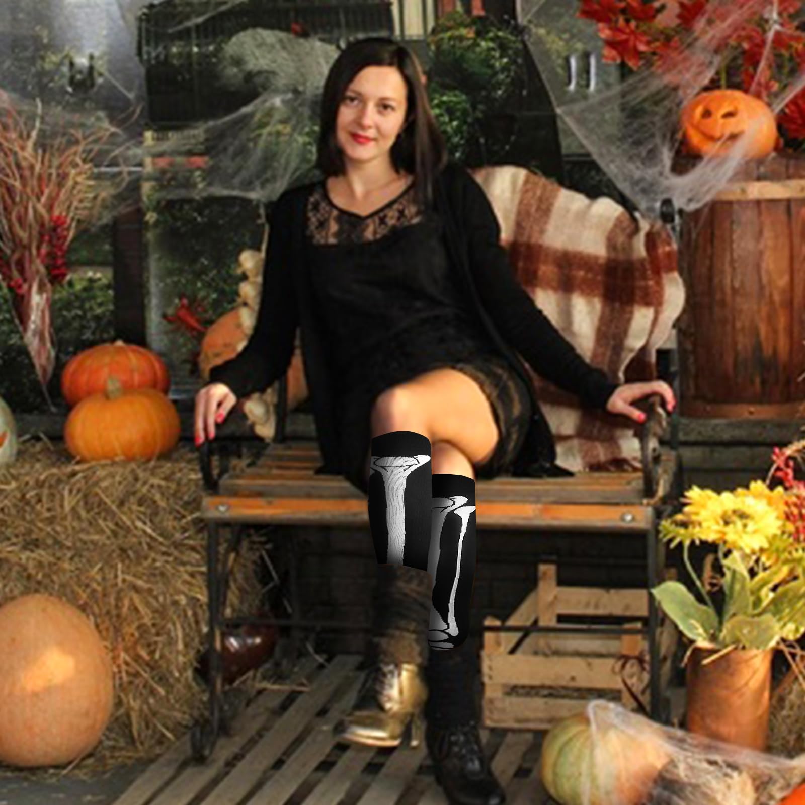 Junely Halloween Compression Socks for Women Knee High Skeleton Skull Gothic Stockings for Running Support Nurses Pregnancy Flying Sports Black