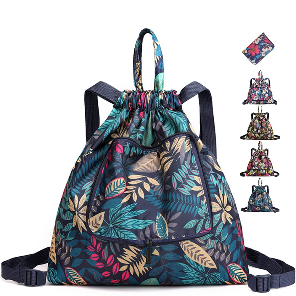 KITENROM Collapsible Reusable Grocery Bag Drawstring Backpack Large Travel Tote Bags String Sackpack for Gym Shopping Yoga Blue Leaf