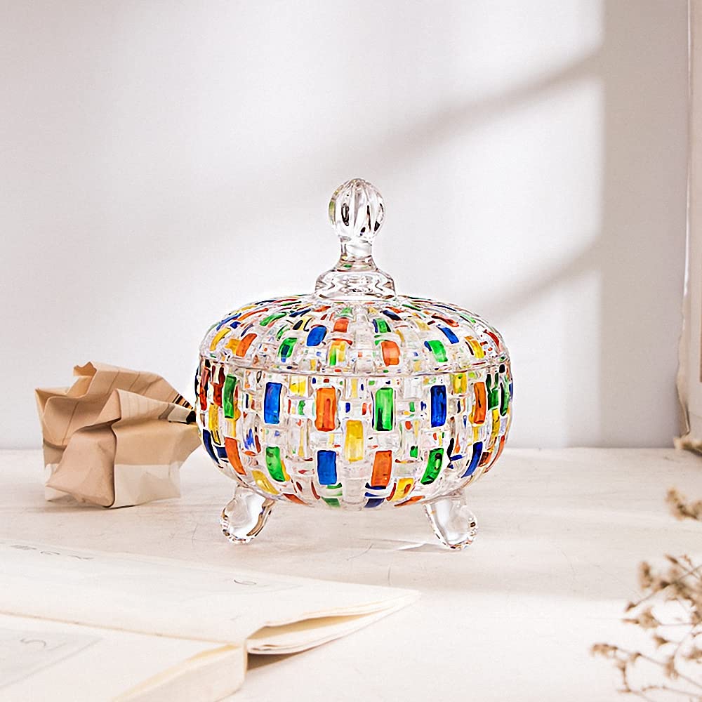 MAGCOLOR Elegant-Hand Painted Colorful Woven Easter Large Crystal Glass Candy Box candy servers,candy jars with Lid,Jewelry Box,Storage Jar,Candy dish covered,Great Gift for Family Friends-24 oz.