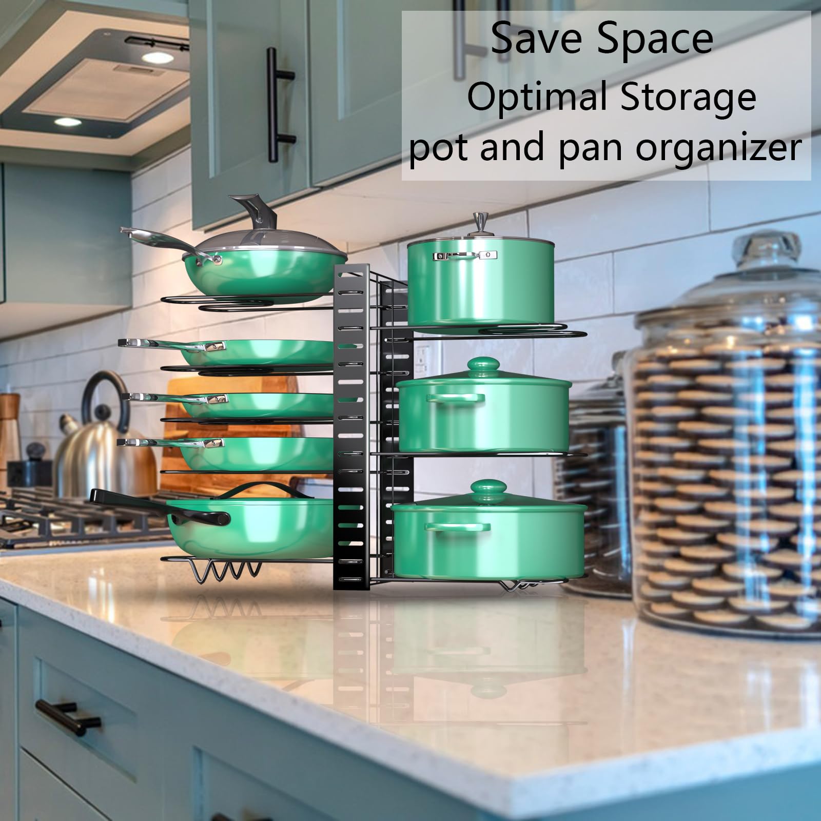 KOSKWKREO Pot And Pan Organizer For Cabinet,Adjustable Pots And Pans Organizer Adjustable Cookware Bakeware Cutting Boards Baking Sheet Black