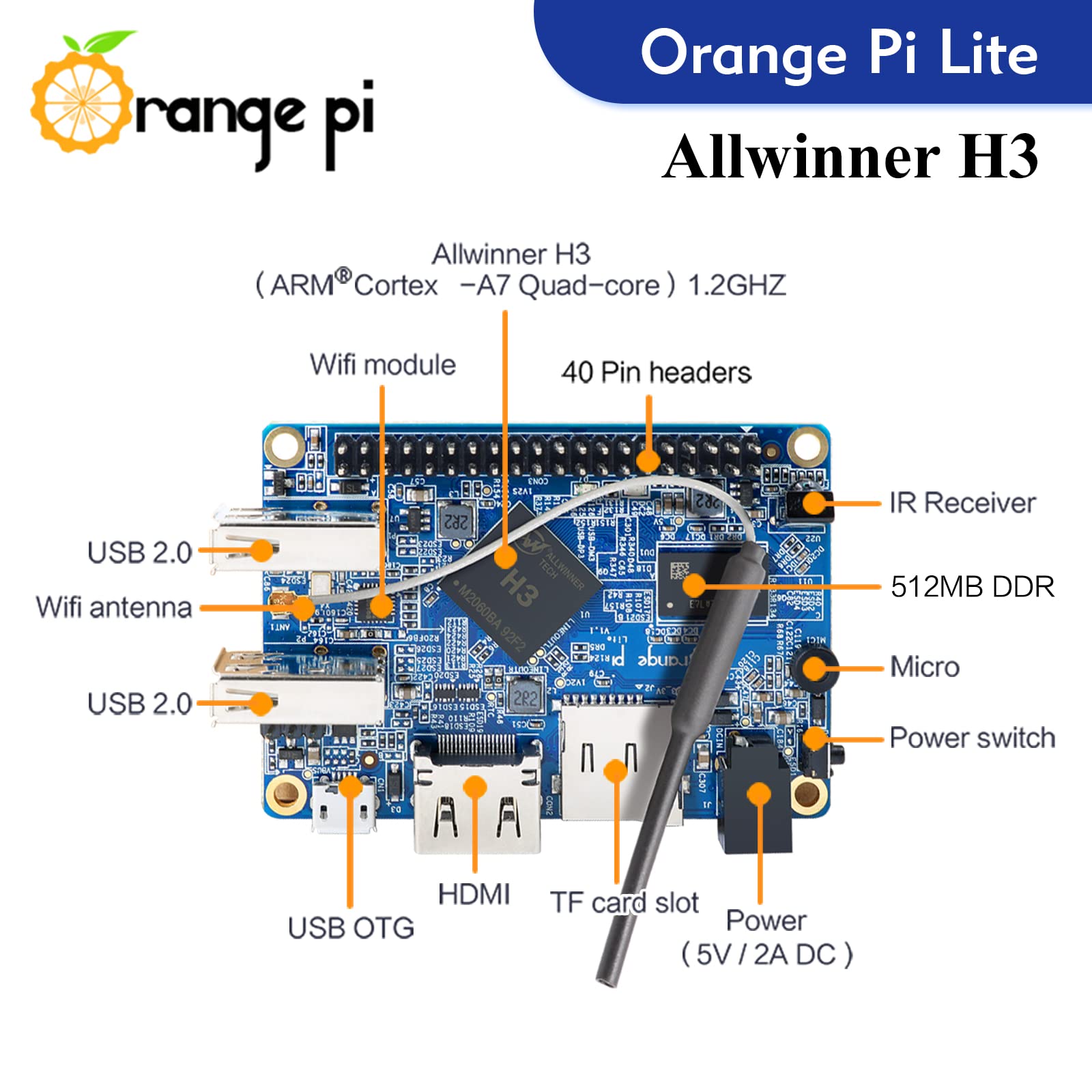 Orange Pi Lite 1GB DDR3 Allwinner H3 Quad Core Open-Source Single Board Computer, Microcontroller Support Android, Ubuntu, Debian Image (Pi Lite 1GB + Power Supply + Case)