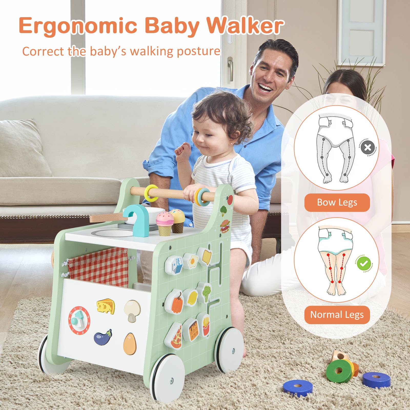 HONEY JOY Baby Push Walker, 6-in-1 Wooden Play Kitchen Walker Activity Center w/Shape Sorter, Develop Motor Skills & Creativity, Push Toys for Babies Learning to Walk, Gift for Boys and Girls