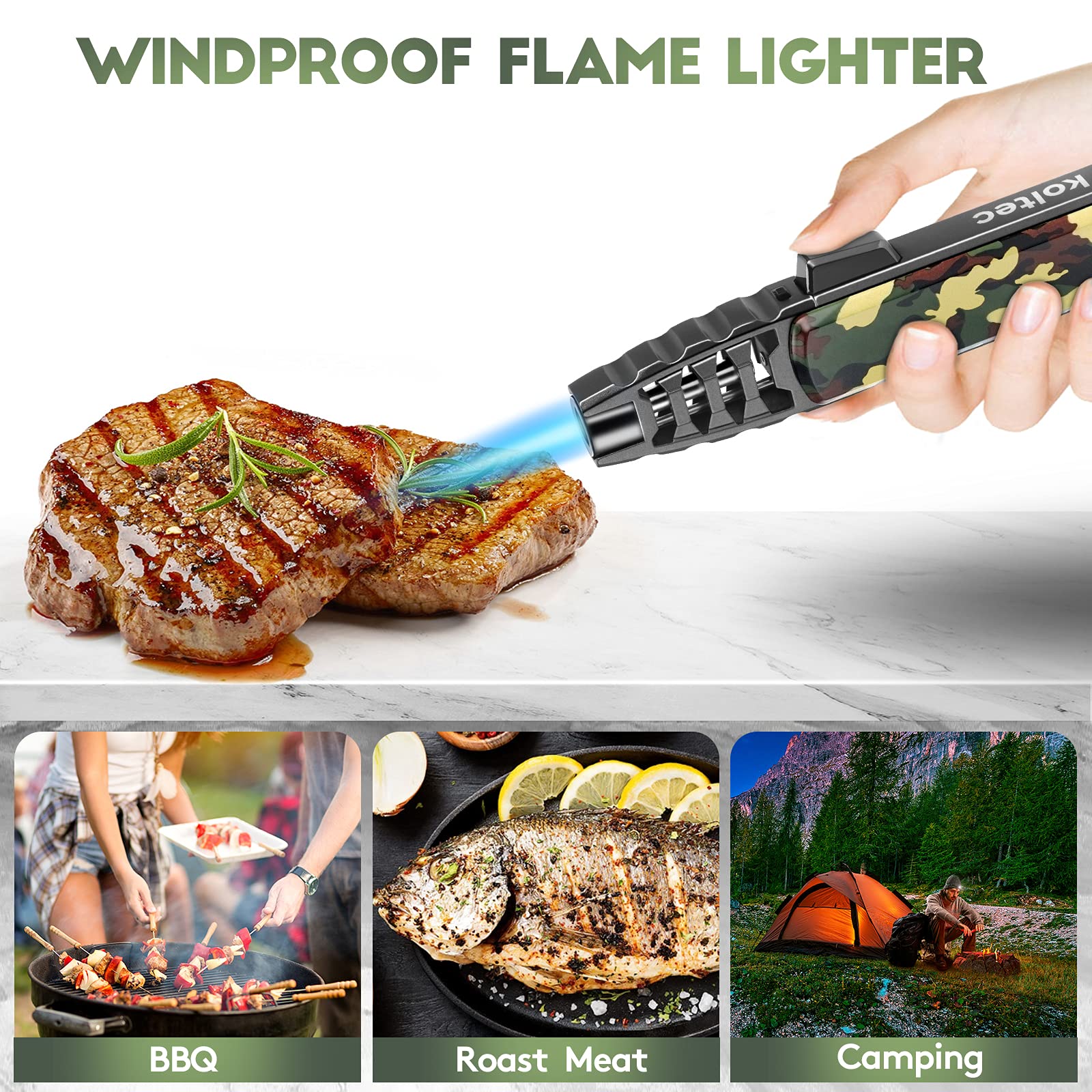 KOLTEC Butane Torch, Outdoor Windproof Cooking Torch Lighter, Refillable Adjustable Jet Flame Kitchen Butane Lighter with Safety and Fire Lock, Gift Box Package (Gas Not Included) (Camouflage)