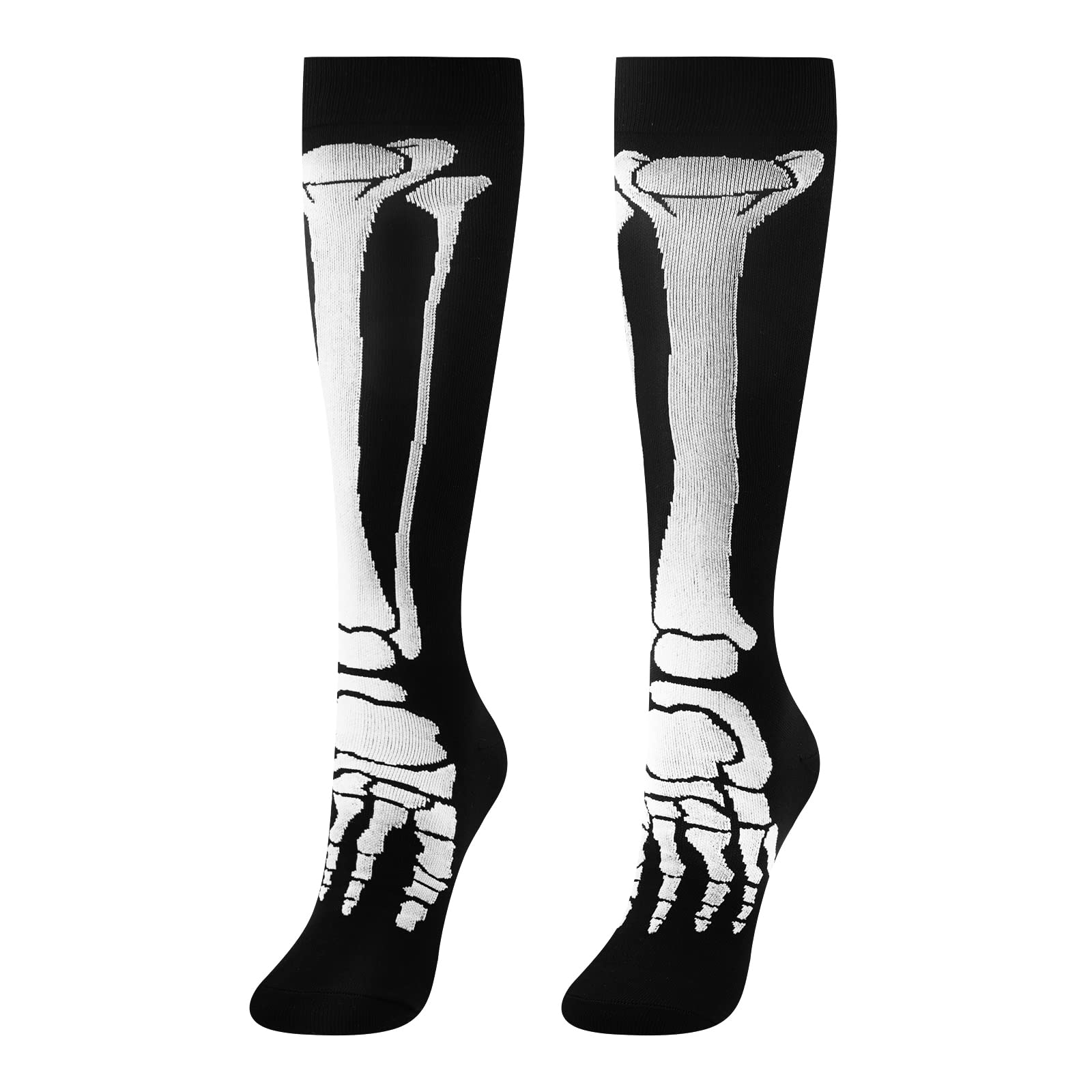 Junely Halloween Compression Socks for Women Knee High Skeleton Skull Gothic Stockings for Running Support Nurses Pregnancy Flying Sports Black