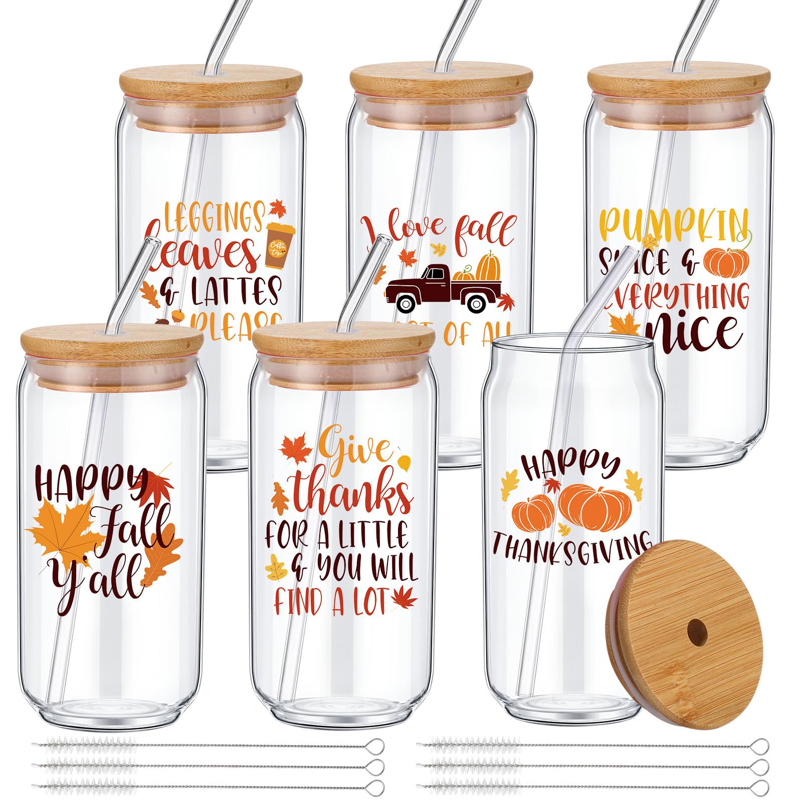 Suttmin 6 Pcs Fall Glass Coffee Cups with Lids and Straw 16 oz Thanksgiving Maple Beer Glass Cup Pumpkins Can Fall Iced Drinking Cup Fall Decor for Thanksgiving Gift Autumn
