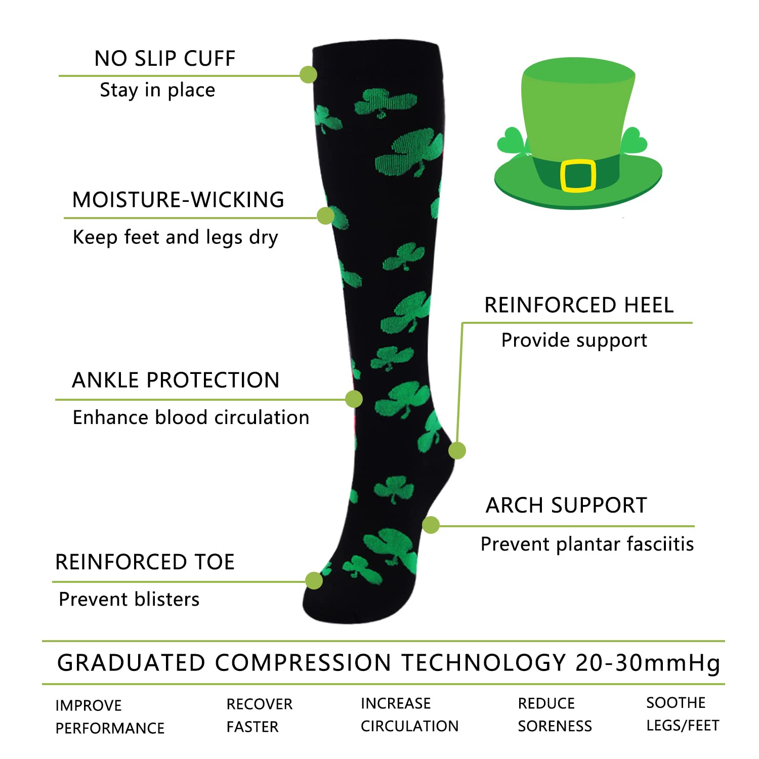 Junely St Patricks Day Compression Socks for Women Knee High Shamrock Stockings for Running Work Support Nurses Pregnancy Irish Gifts Green