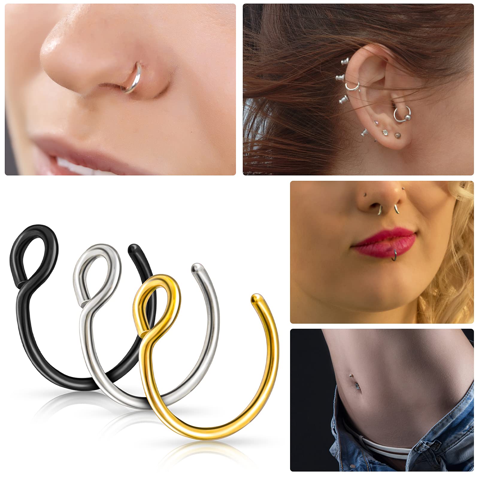 Lusofie 9Pcs Fake Nose Rings,Fake Nose Ring Hoop Stainless Steel Nose Hoop for Faux Lip Septum Nose Ring Set