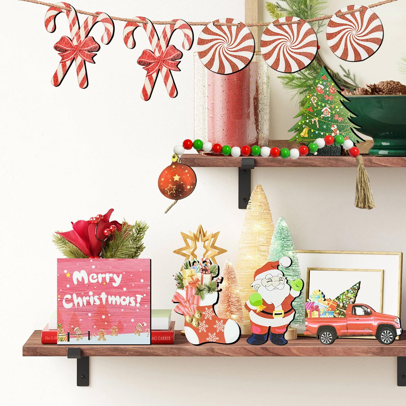 iNextstation 10 Pieces Farmhouse Tiered Tray Decor Set Dog Wooden Signs Rustic Farmhouse Decor Summer Hierarchical Tray Decorative with String Lights Tiered Tray Decorations for Home Kitchen Table