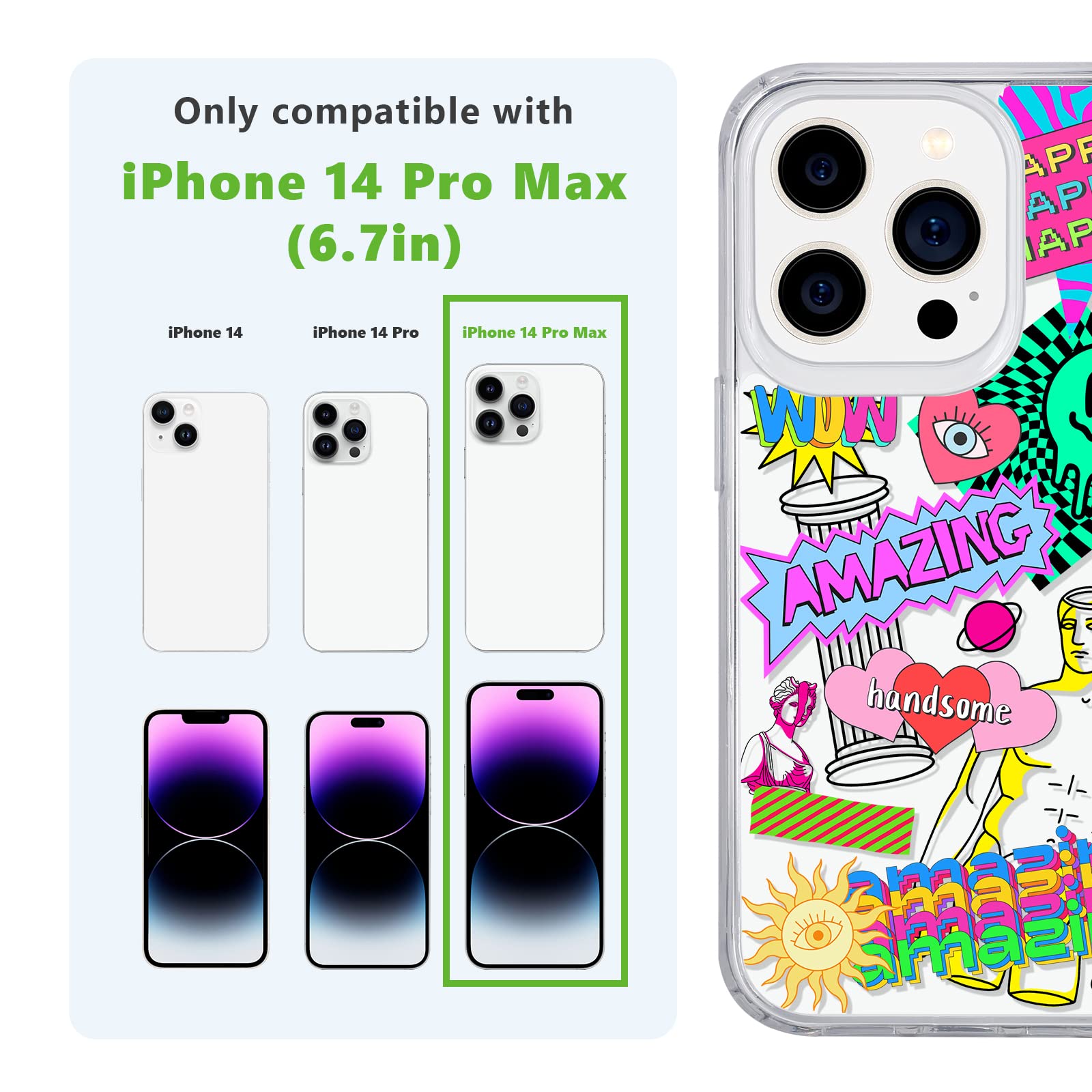 KRKC Compatible with iPhone 14 Pro Max Case, Clear Phone Case Cover with TPU Bumper Full Protecttion and Silm PC Hard Back, Aesthetics Designed for iPhone 14 Pro Max 6.7", (Street Graffiti)