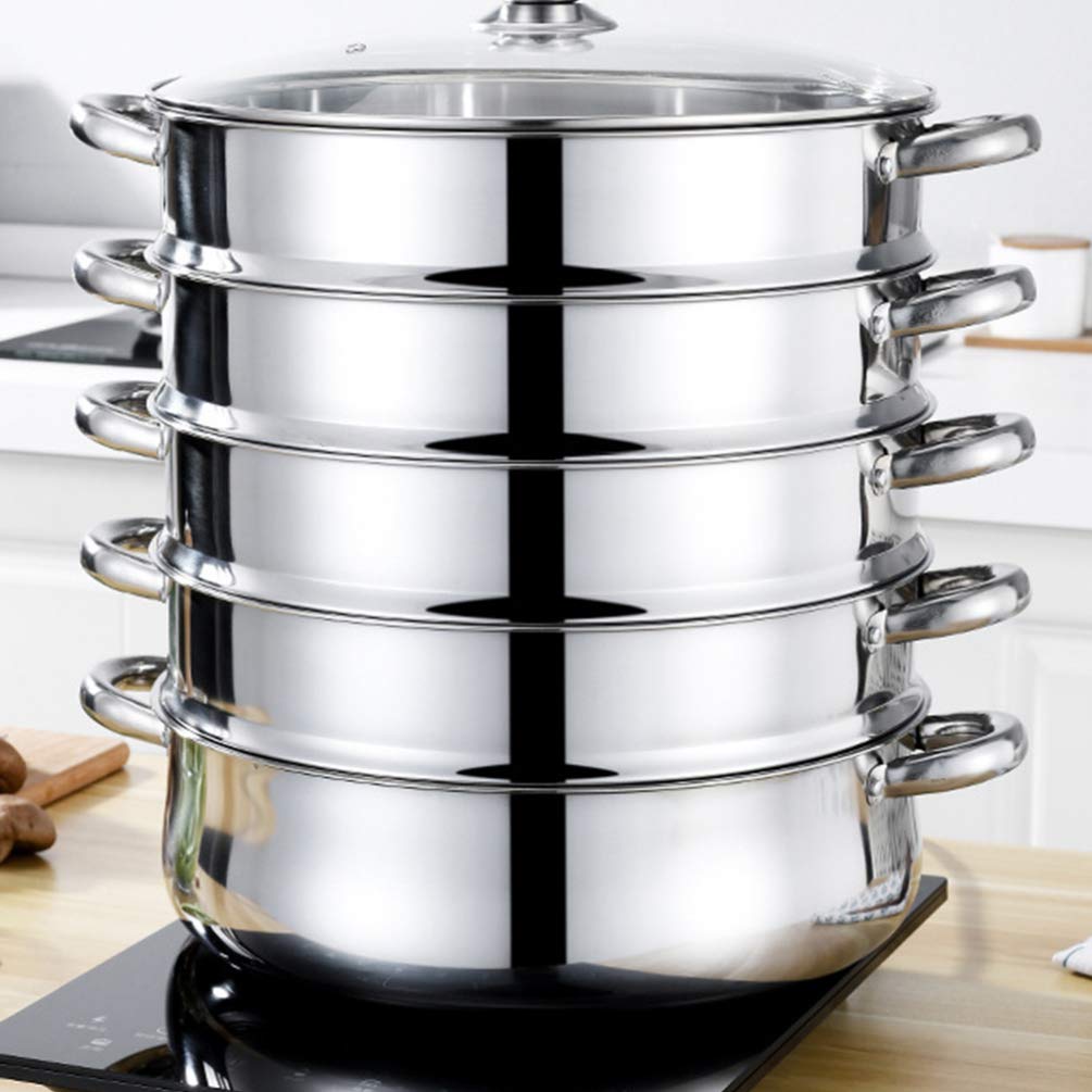 Luxshiny Steamer Pot Stainless Steel Steamer Pot, 5 Tier Stockpot Steaming Cookware Vegetable Dumpling Steaming Pot for Home Kitchen (28CM) Cooking Pot