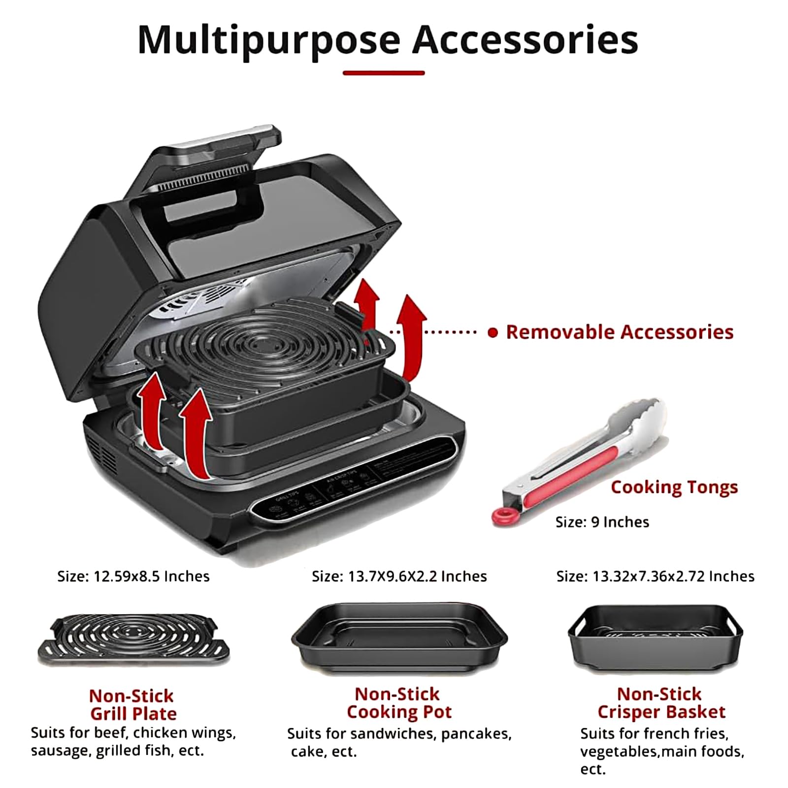 Indoor Grill Air Fryer Combo Smokeless, Fast Heating, and 7-in-1 Functionality with See-Through Window, Non-Stick Removable Plates,Electric Grill up to 450°F Even Heat, Silicon Tongs, 4Qt, 1750W