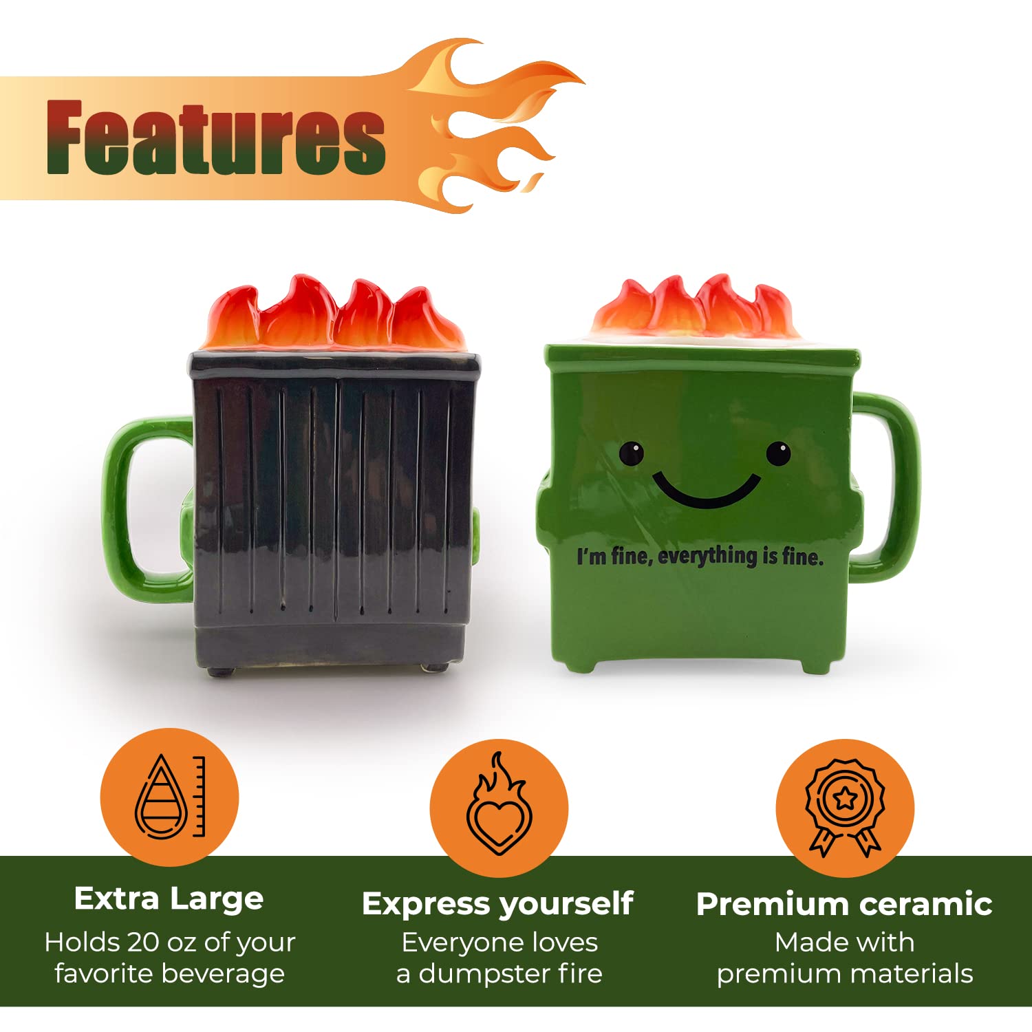 Kwirkworks Mug Dumpster Fire Ceramic Novelty - 20oz Capacity, Fun Gift for Coffee and Tea Lovers Eye-Catching Design, Premium Quality Construction, Ideal Home Office Use (MGDUMP)