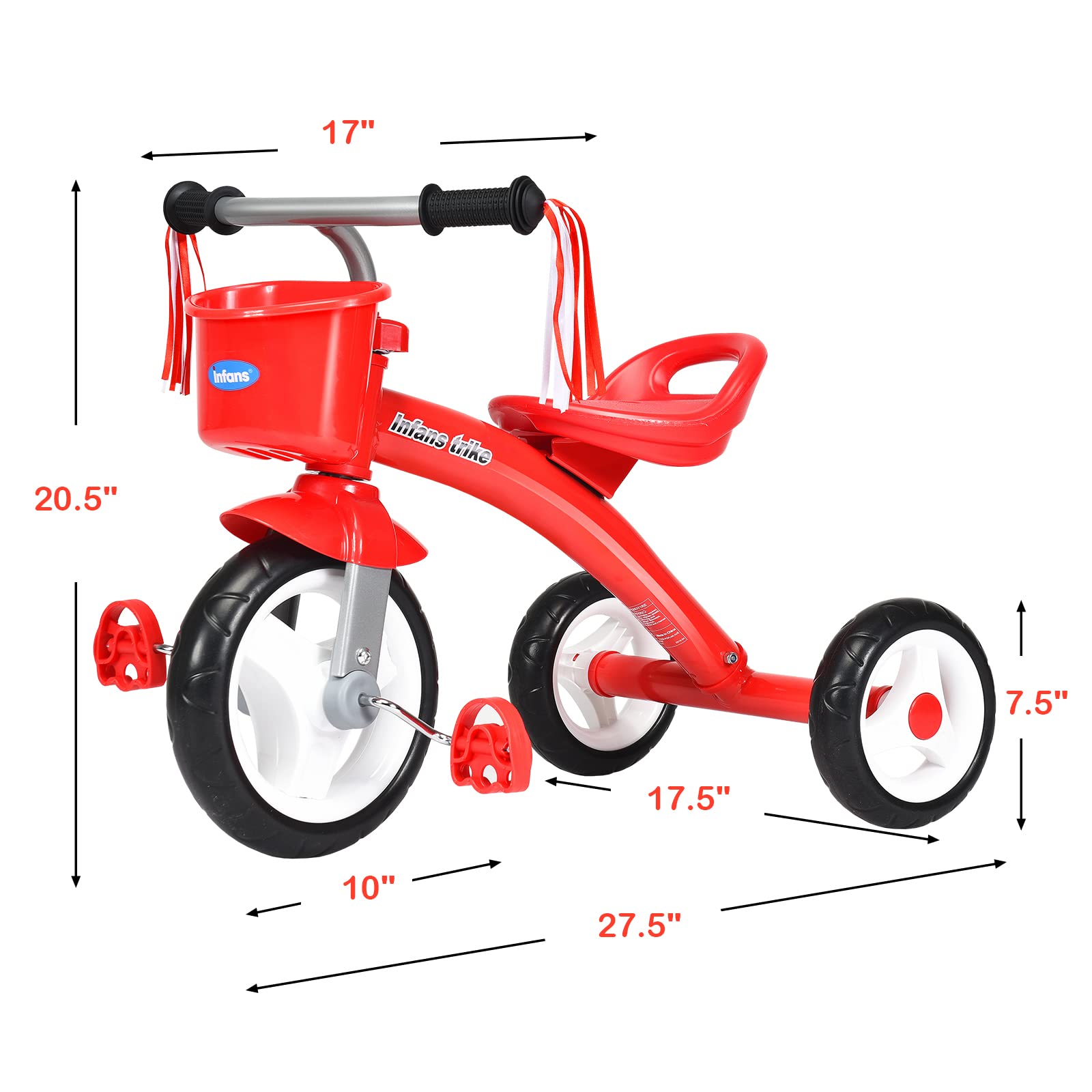 INFANS Kids Tricycle Rider with Adjustable Seat, Storage Basket, Premium Quiet Wheels, Non-Slip Handle (Red)