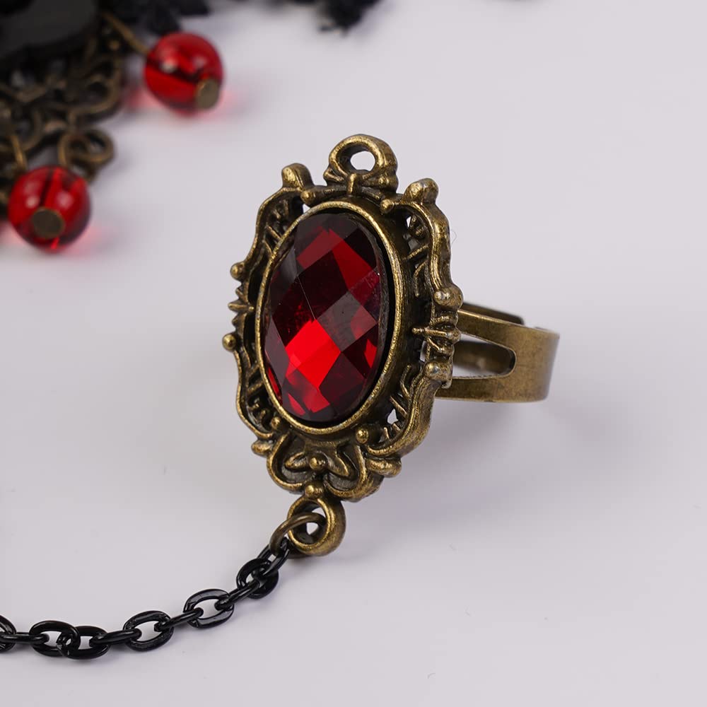Kercisbeauty Black Lace with Ruby Red Rhinestones Bracelet Halloween Vampire Hand Harness with Finger Ring for Women Girls (Style 5)