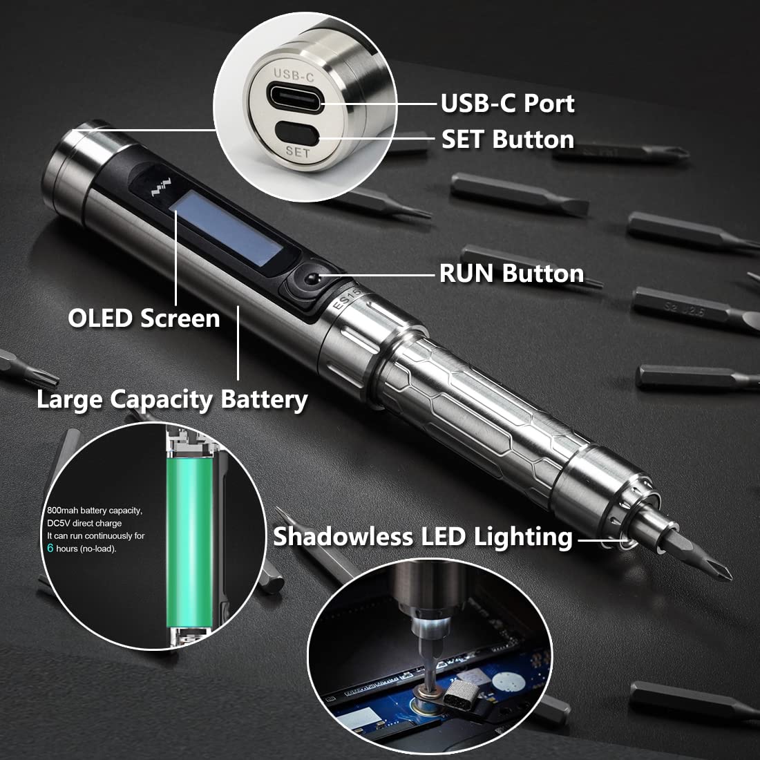 YKEY Original MINIWARE ES15S Mini Electric Power Screwdriver Rechargeable Portable Small Cordless Smart Motion Control with 24 Magnetic Bits OLED Screen Repair Tool for Phone Camera Laptop