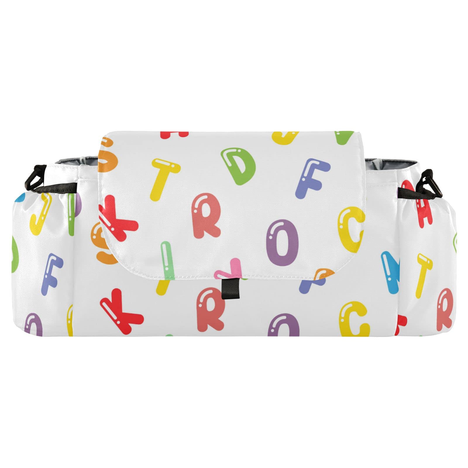 Kigai Colorful Alphabet Baby Stroller Organizer with Cup Holders, Secure Hooks Accessories Adjustable Strap Stroller Bag for Bottle, Diaper, Phone, Toys, Baby Items