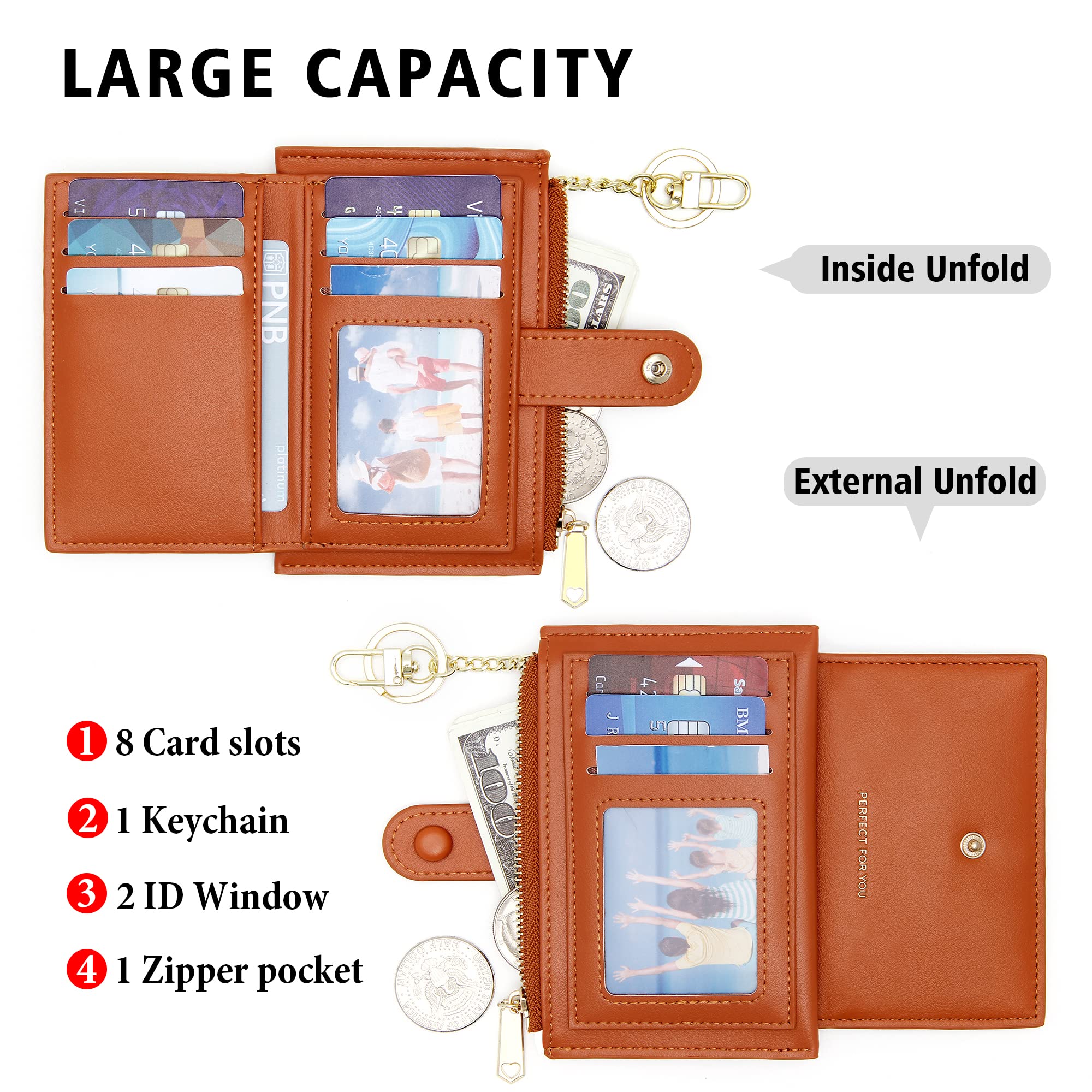 OIDERY Small Wallet For Women RFID Minimalist Credit Card Holder Wallet Slim Leather Keychain Wallet With Zipper Pocket ID Window