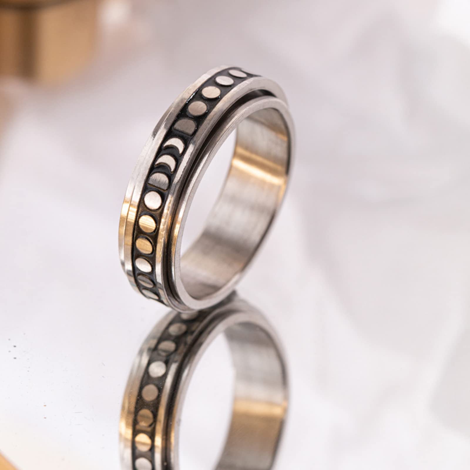 HUASAI Anxiety Ring for Women Fidget Band Ring Moon Sun Star Spinner Rings Stress Relief Rings for Meditation Anti Anxiety Rotating Ring(Moonphase-8)