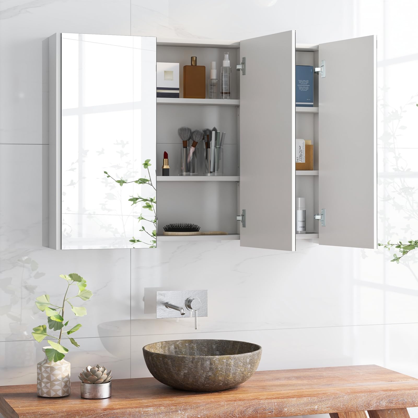 Giantex Bathroom Medicine Cabinet with Mirror - Extra Large Wall Mounted Cabinet with 3 Frameless Mirrored Doors, 2 Adjustable Shelves, 36β x 25.5β Recessed or Surface Mount Bathroom Cabinet