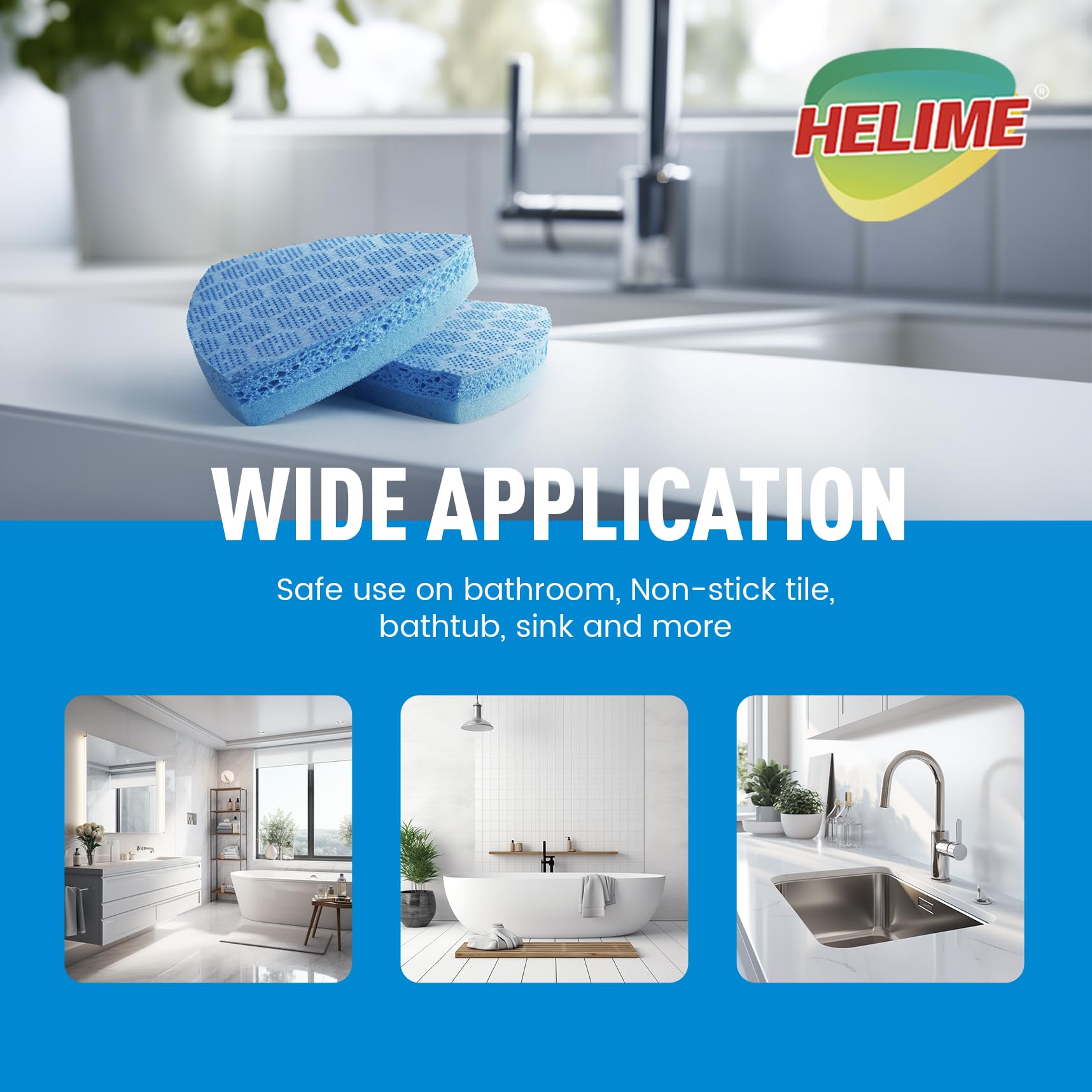 HELIME Scrub Dots Bathroom Sponge, Heavy Duty Non Scratch 3 Layer Cellulose Scrubbers, Reusable Bath Washing Scrubber, Magic Eraser Sponges Scour Scrub Pads for Clean Glass, Ceramic, Bathtub, Sink