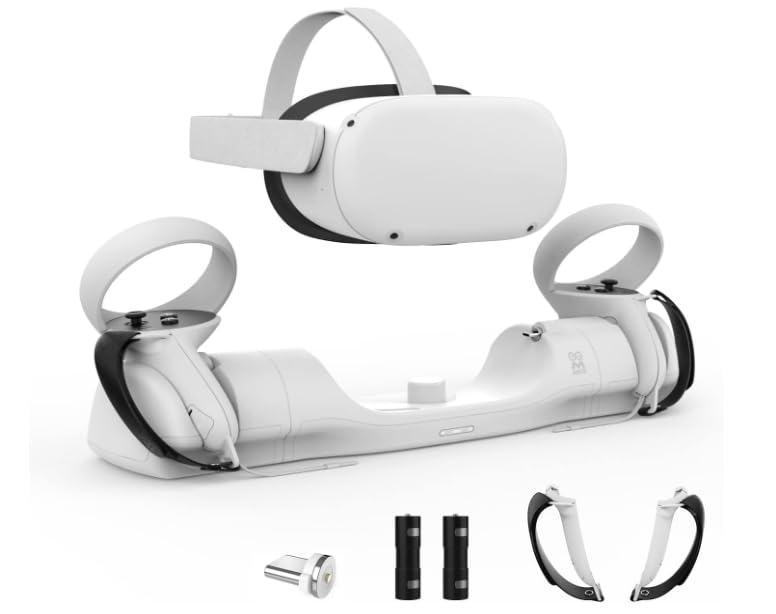 M AMVR Upgraded Charging Dock for Meta/Oculus Quest 2, Headset Display Holder and Controller Mount Station, with Magnetic Charging, with Adjustable Wrist Strap Accessories, 2 Rechargeable Batteries