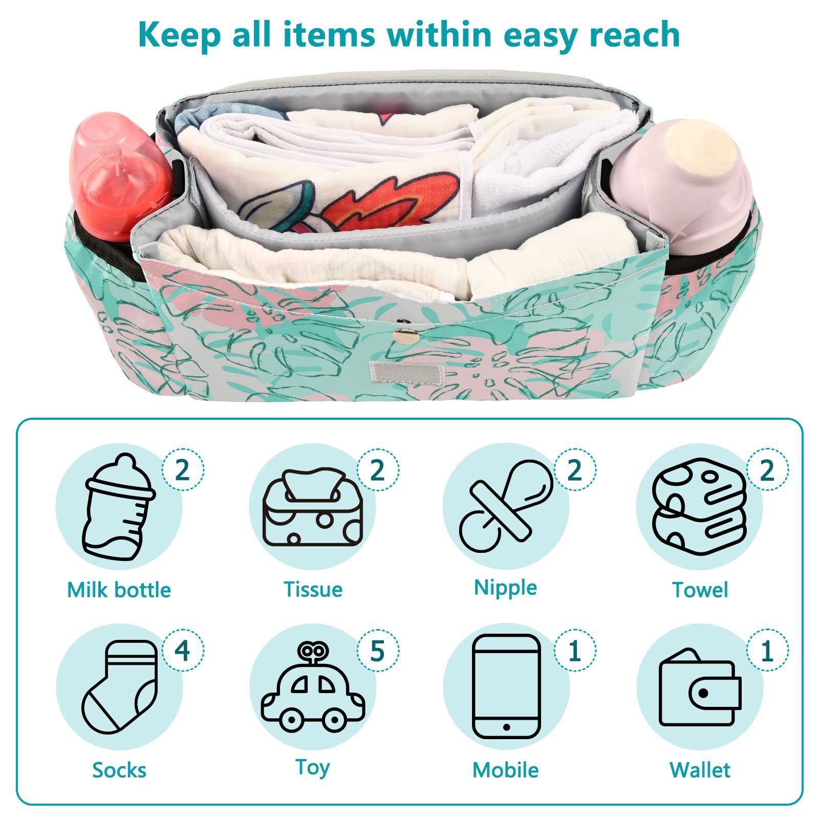 Kigai Monstera Leaf Baby Stroller Organizer with Cup Holders, Secure Hooks Accessories Adjustable Strap Stroller Bag for Bottle, Diaper, Phone, Toys, Baby Items