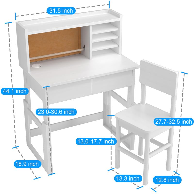 NKUGCFC White Kids Desk and Chair Set for 5-18 Year Old,Ergonomic Height Adjustable Childrens Study Desk with 2 Drawers,Kids Art Table with Storage-nv8nse