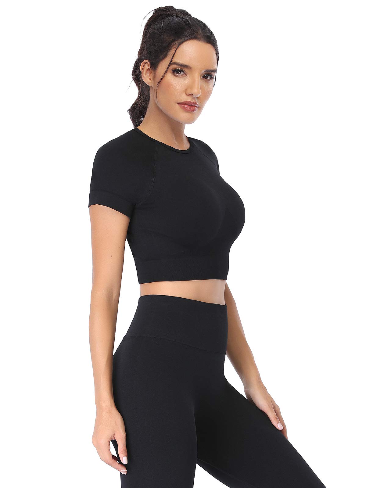 JOLLMONO 2 Piece Short Sleeve Outfits for Women Seamless Crop Tops Set for Women Workout Set(8005S-Black)
