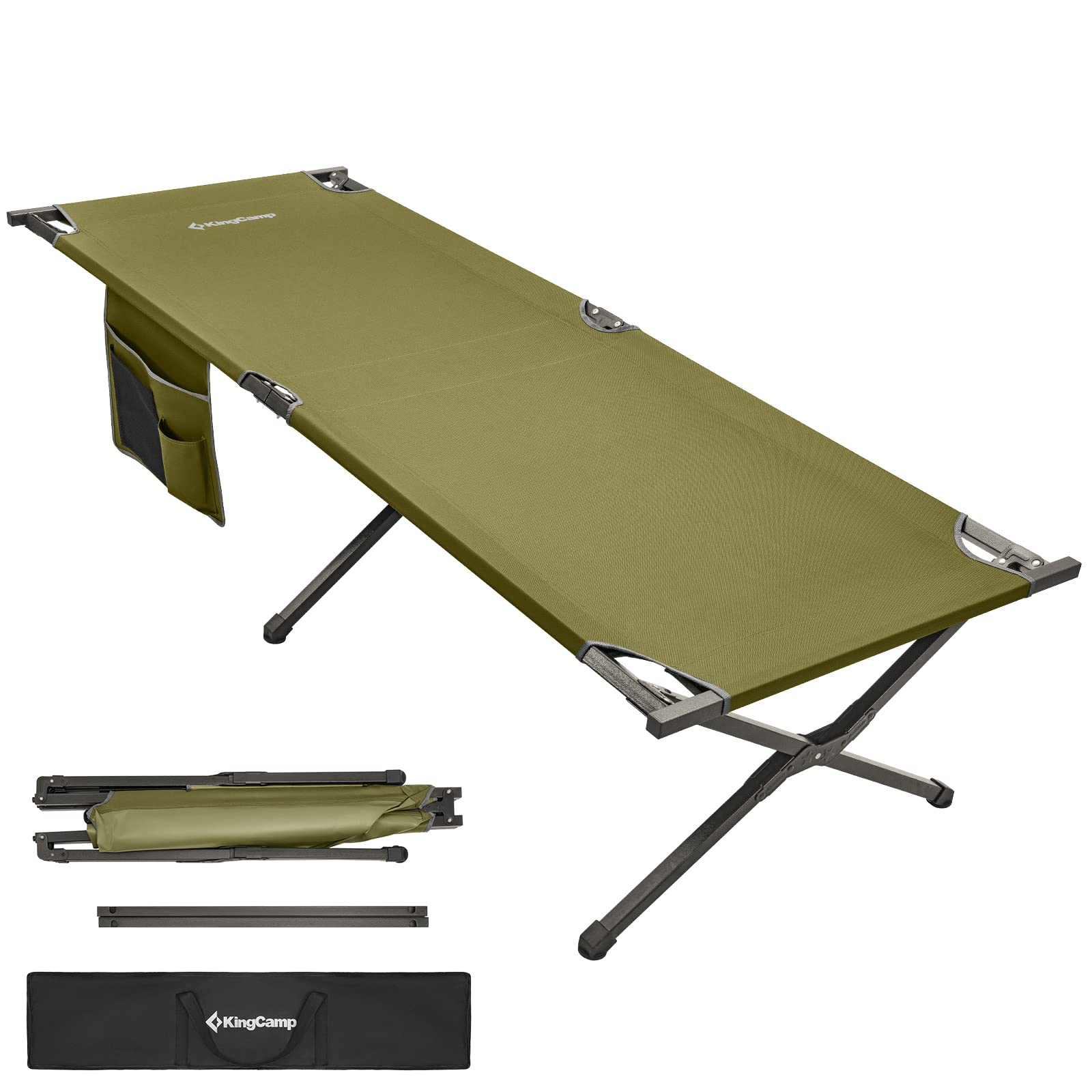 KingCamp XL Portable Folding Camping Cot for Adults, 81" x 30" Extra Long Wide Lightweight Sleeping Cot for Hiking, Backpacking, Outdoor with Side Pocket Camp Office Travel Use, Green