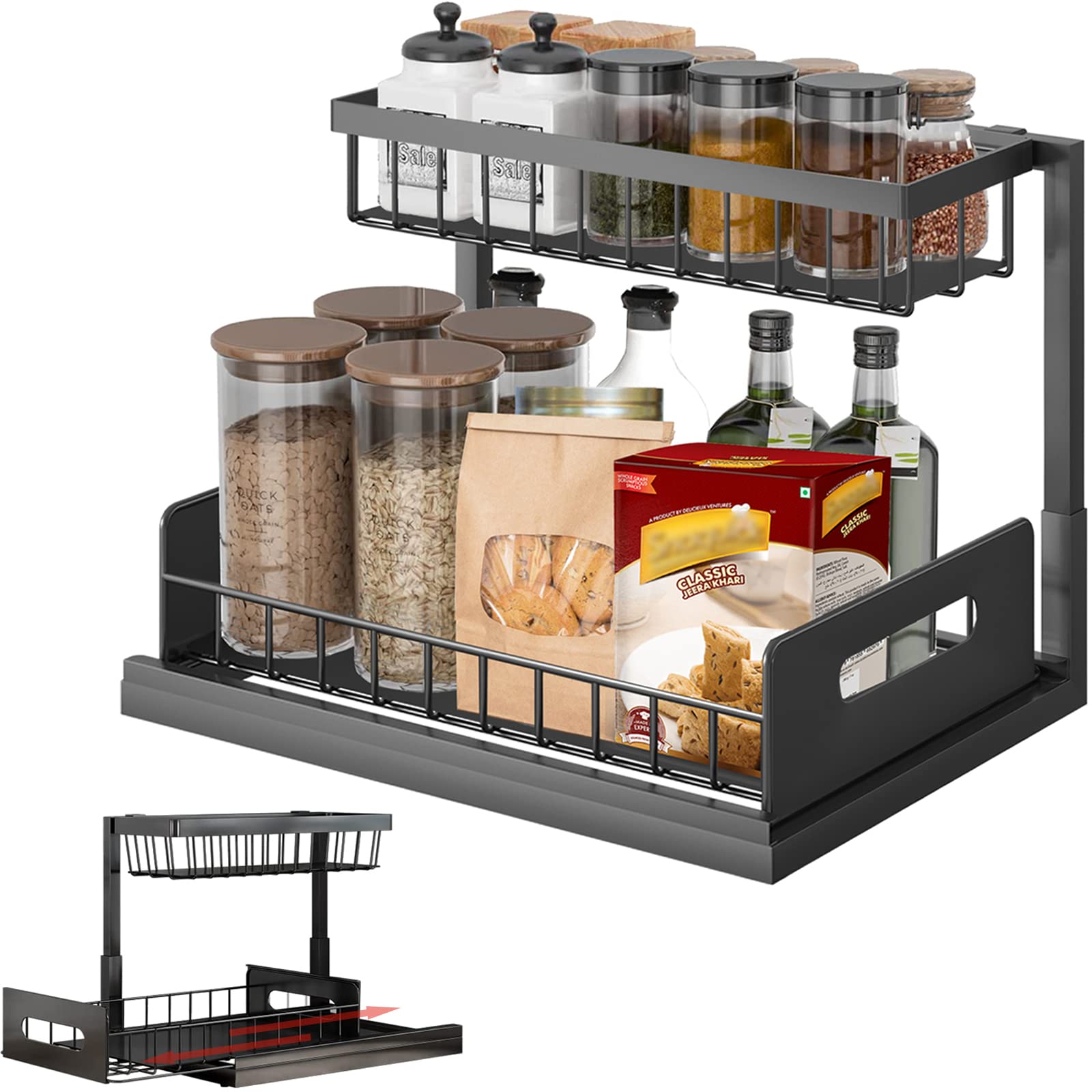 LFGKeng Under Sliding Sink Organizer, Pull Out Cabinet Drawer 2 Tier, Under Sink Shelf Organizer Rack, Under Cabinet Storage for Kitchen Spice Organizer, Bathroom Countertop Organize Baskets(Black)
