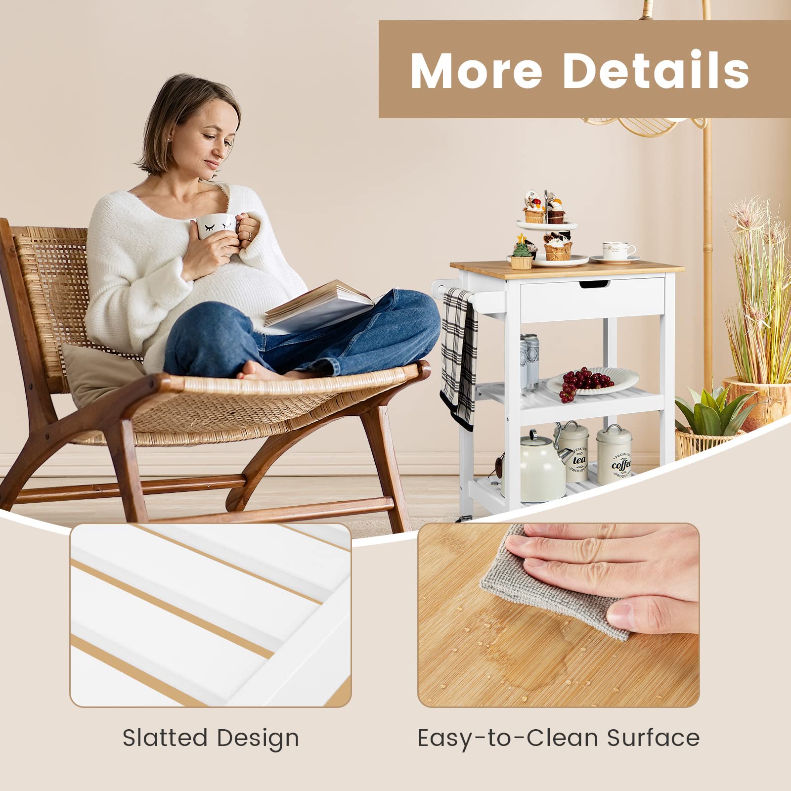 Giantex Kitchen Island Cart with Storage, Rolling Bamboo Kitchen Cart on Wheels, w/Pull-Out Drawer, Towel Handle, 2 Open Shelves, Mobile Coffee Bar Cart for Dining Room Living Room (White & Beige)