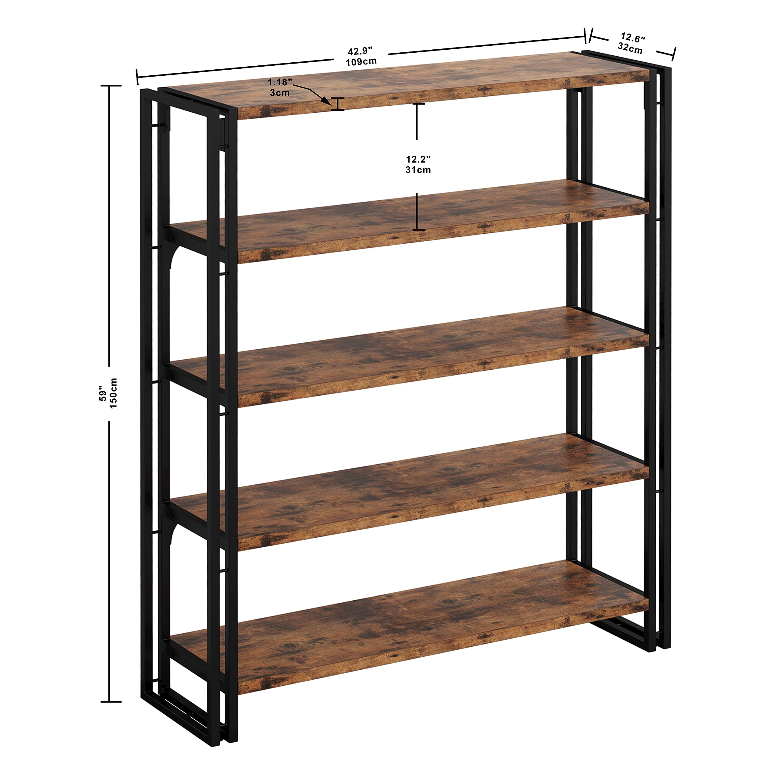 IRONCK Bookshelf and Bookcase 5 Tier, Wood and Metal Bookshelves Storage Shelves for Home Office, Sturdy Easy Assembly, Rustic Brown