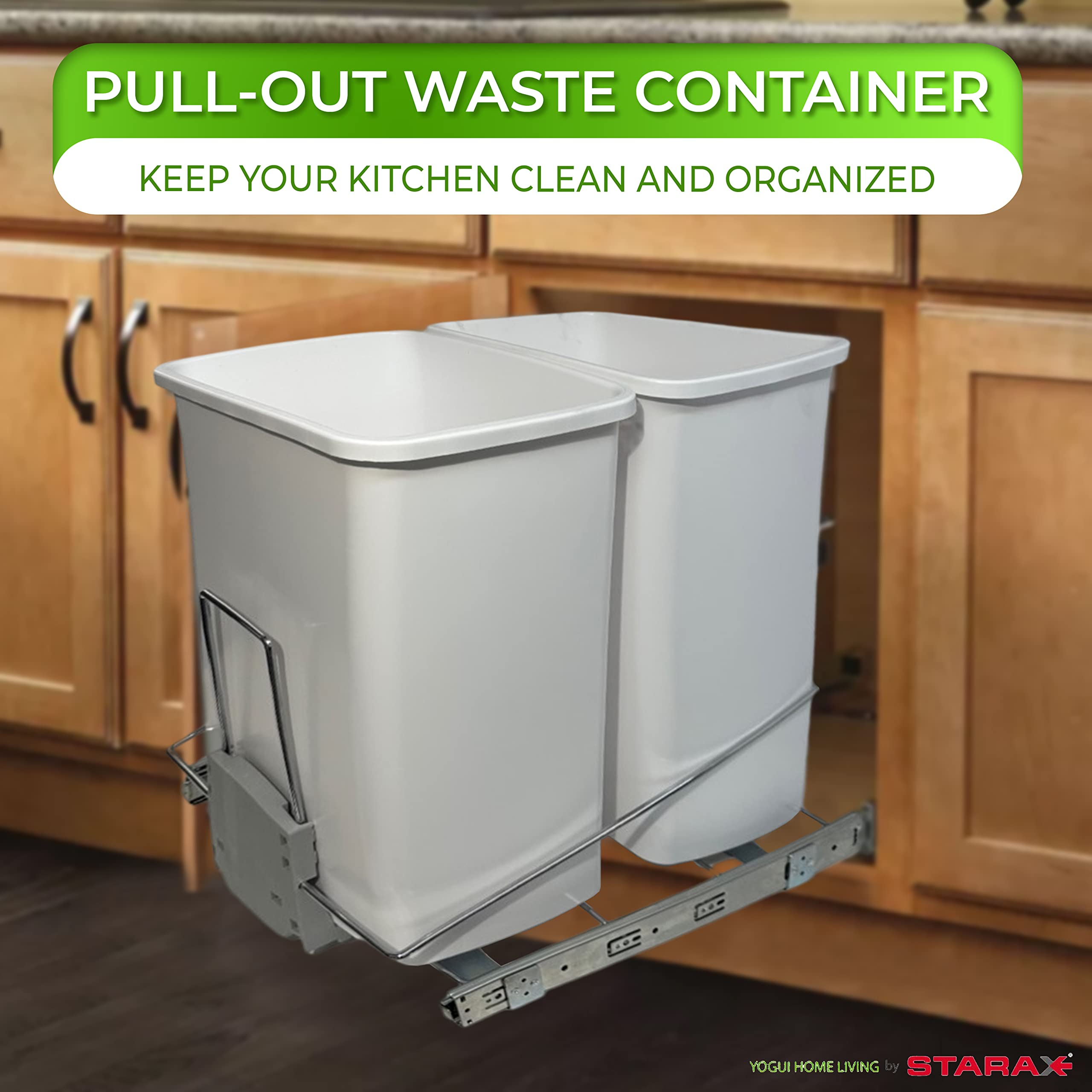 Yogui Home Living by Starax Double 35-Quart Trash Bin Cabinet Pullout System - 2 White Waste/Recycling Bins - Easy-Installation Polished Chrome Ball-Bearing Garbage Slider - (Not Include Can)