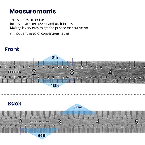 Pacific Arc Stainless Steel Ruler with 8th, 16th,32nd, and 64th Inch Graduations, 36 Inches