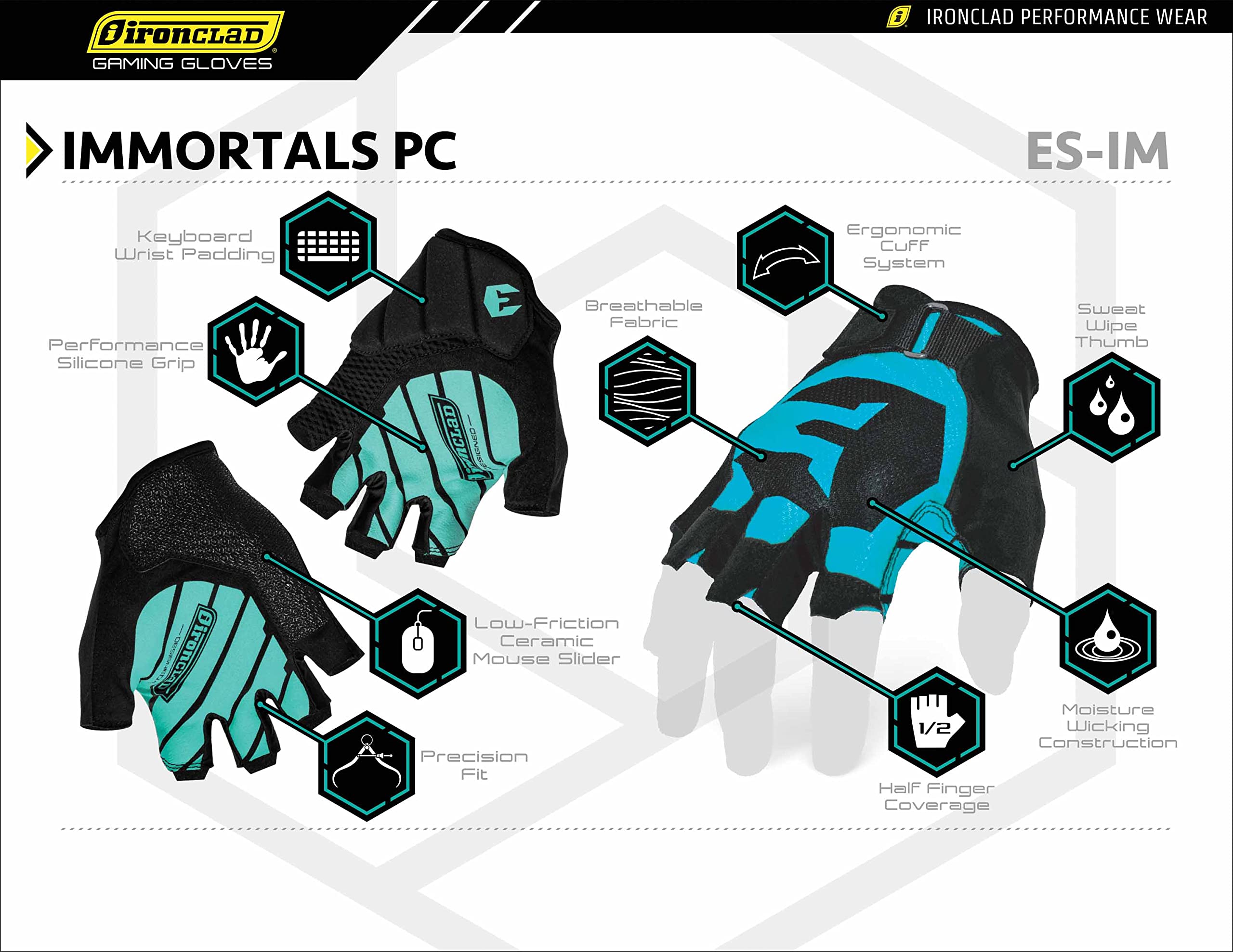 Ironclad Immortals PC Gaming Gloves, Precision Fit, Performance Grip, Machine Washable, (1 Pair), Size L (ES-IM-04-L)