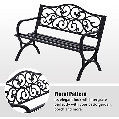 MFSTUDIO 50 Inches Outdoor Garden Bench,Cast Iron Metal Frame Patio Park Bench with Floral Pattern Backrest,Arch Legs for Porch,Lawn,Garden,Yard(Black)