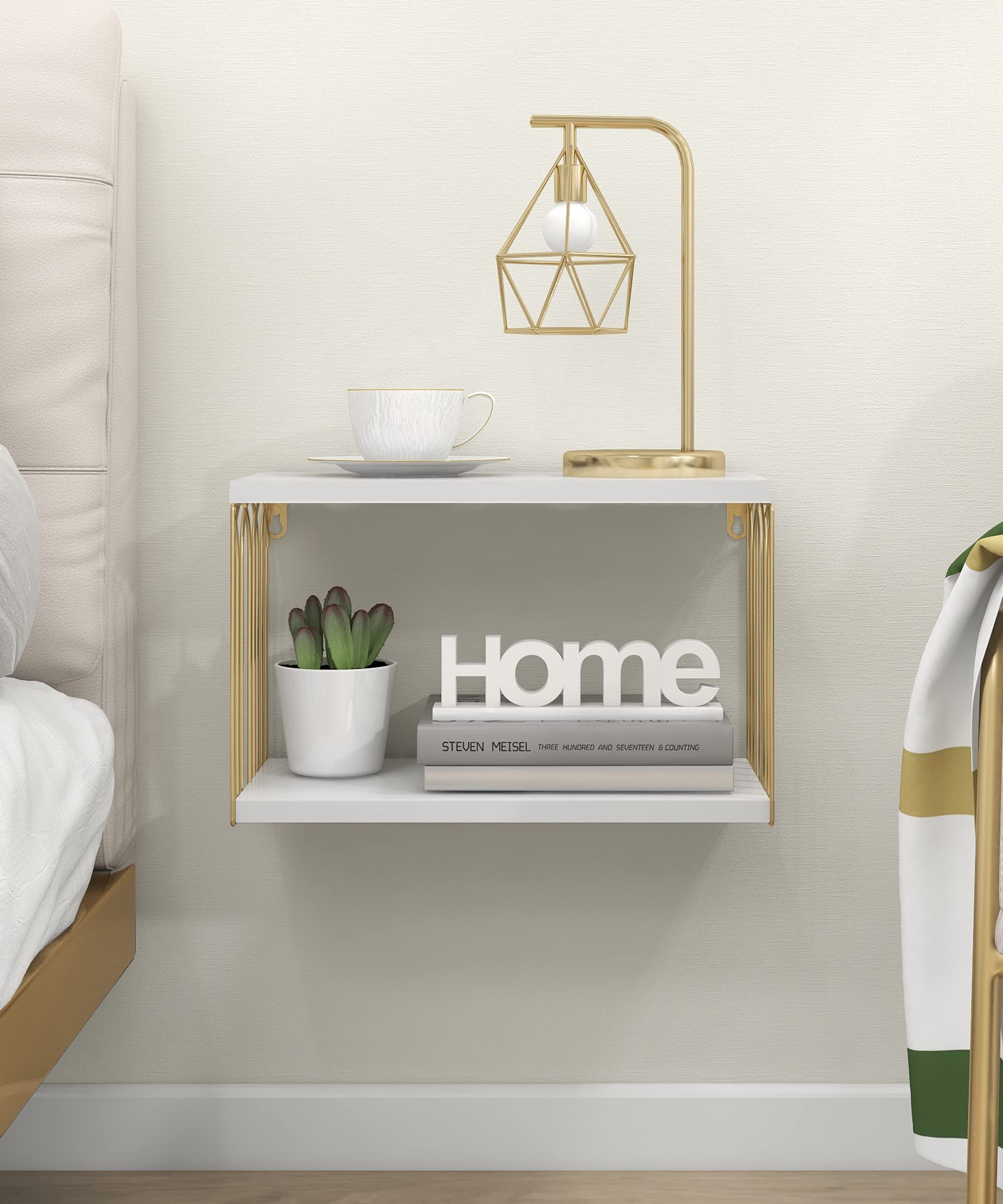 Sivapleso Floating Nightstand, White and Gold Small Wall Mounted Night Stands Modern Minimalism Hanging Bedside Table