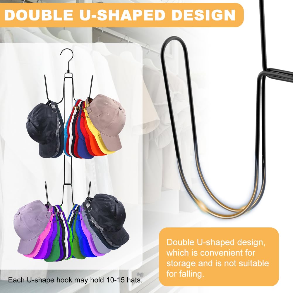 NINEFOX 2 Pack Hat Hanger, Hat Organizer for Baseball Caps, Stainless Steel Hat Rack for Hang, Cap Organizer, Hat Holder Storage for Bedroom, Closet Display